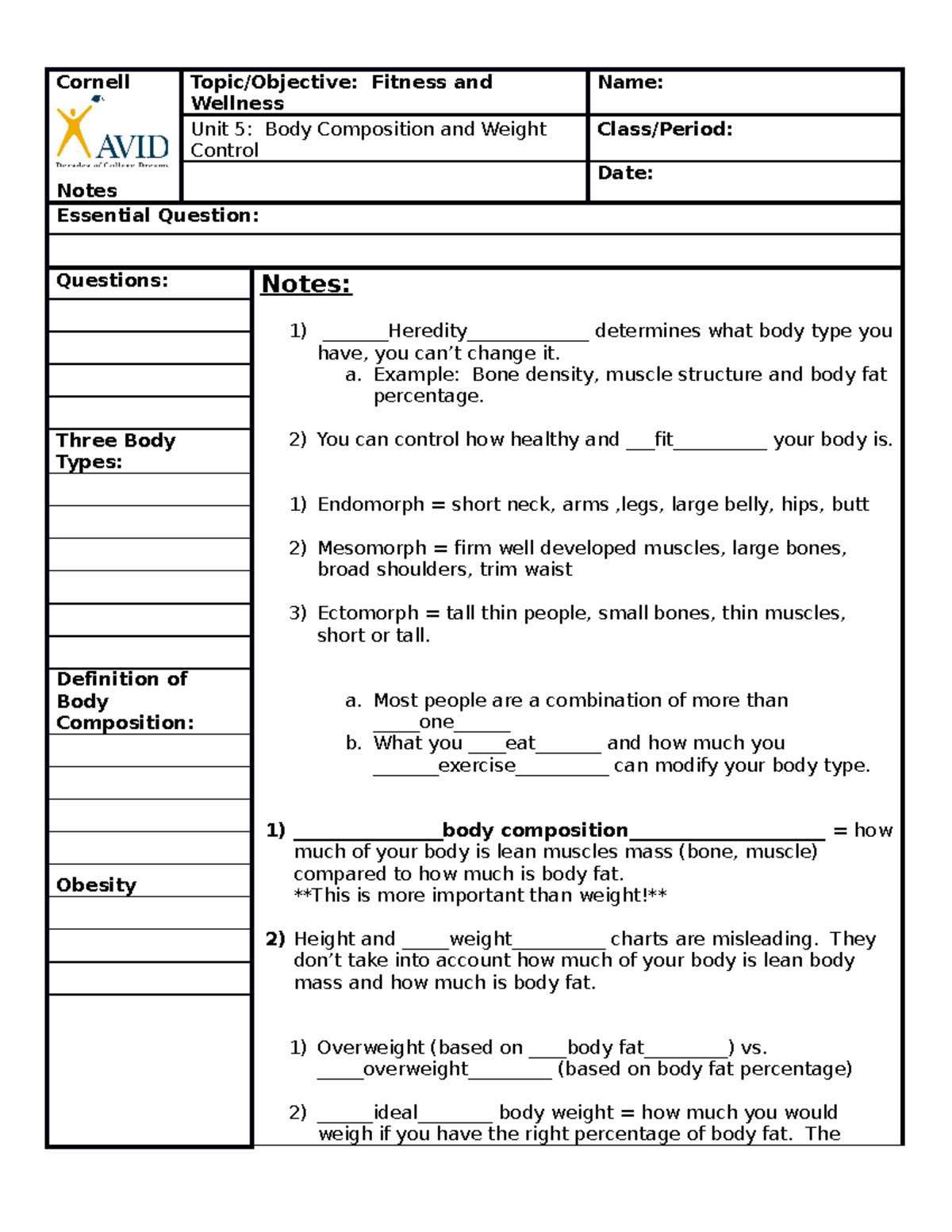 Unit 5 Body Composition and Weight Control Cornell Notes - Cornell ...