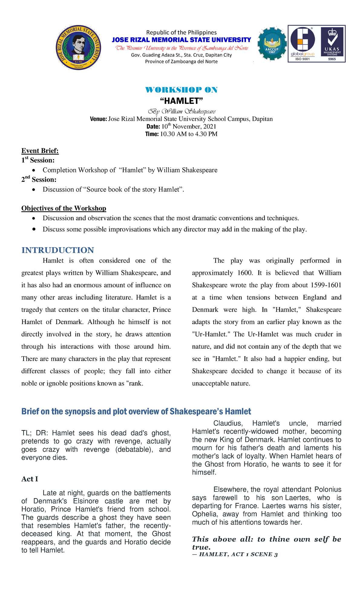 Workshop Brief - all of this areimportant - Republic of the Philippines JOSE RIZAL MEMORIAL ...
