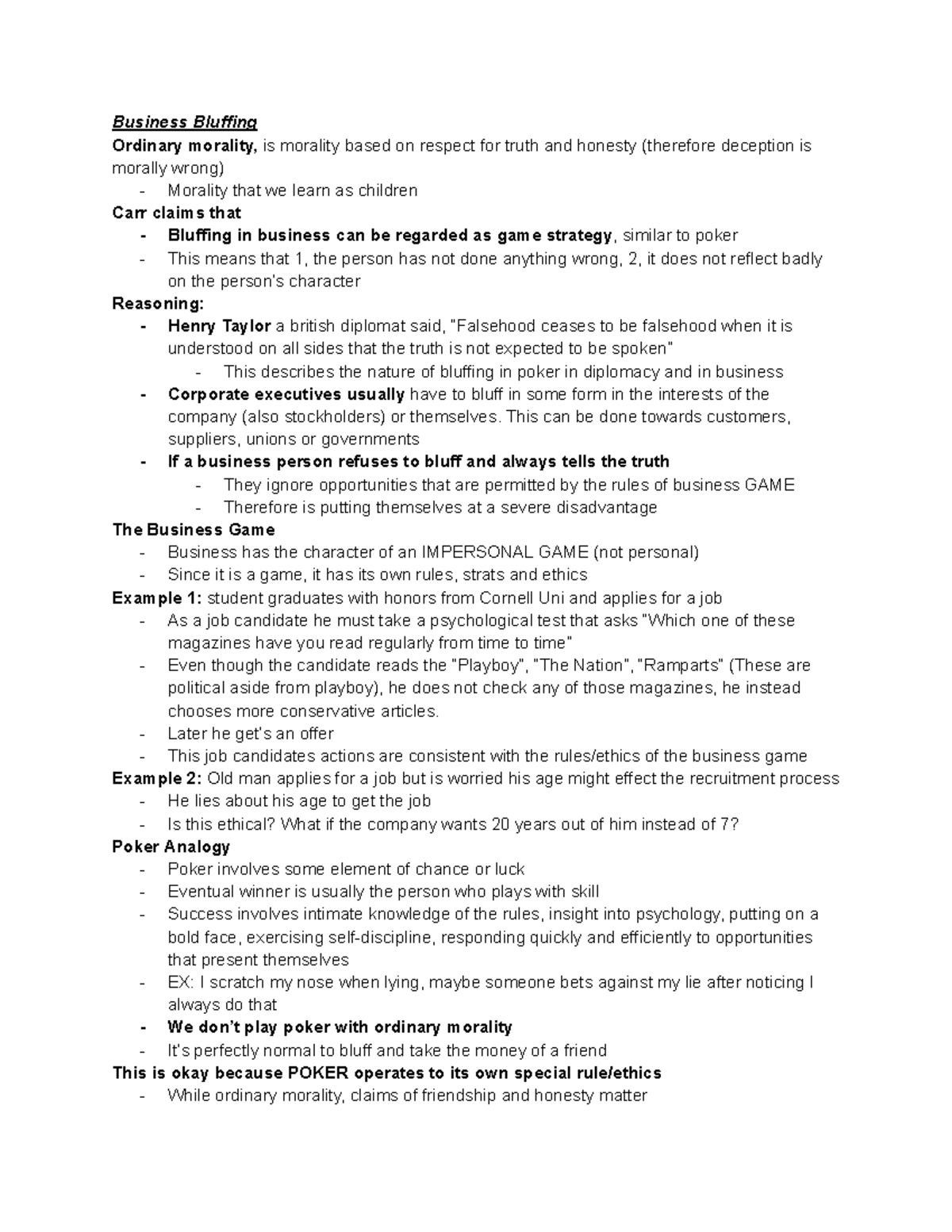 PHIL 230 Notes 2 - Business Bluffing Ordinary morality, is morality ...
