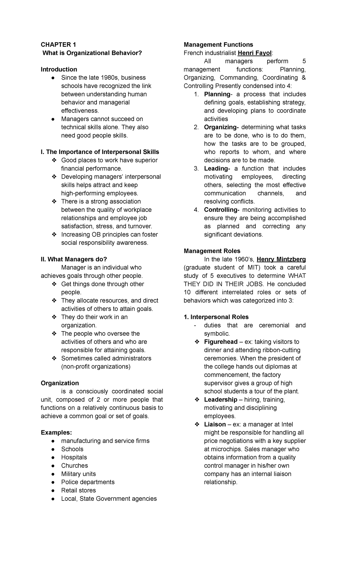 HBO Lessons 1-3 - Notes - CHAPTER 1 What is Organizational Behavior ...