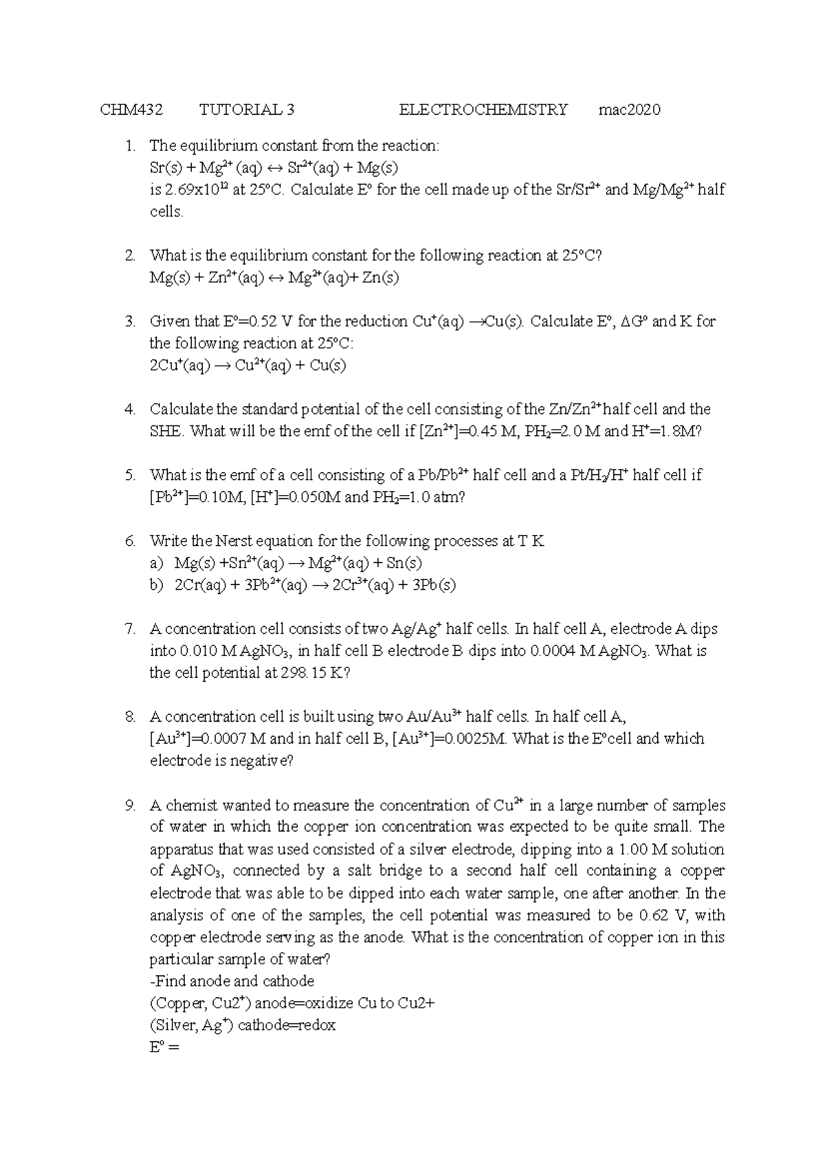 CHM432 Tutorial 3 Chapter 3- Electrochemistry Electrochemistry - CHM432 ...