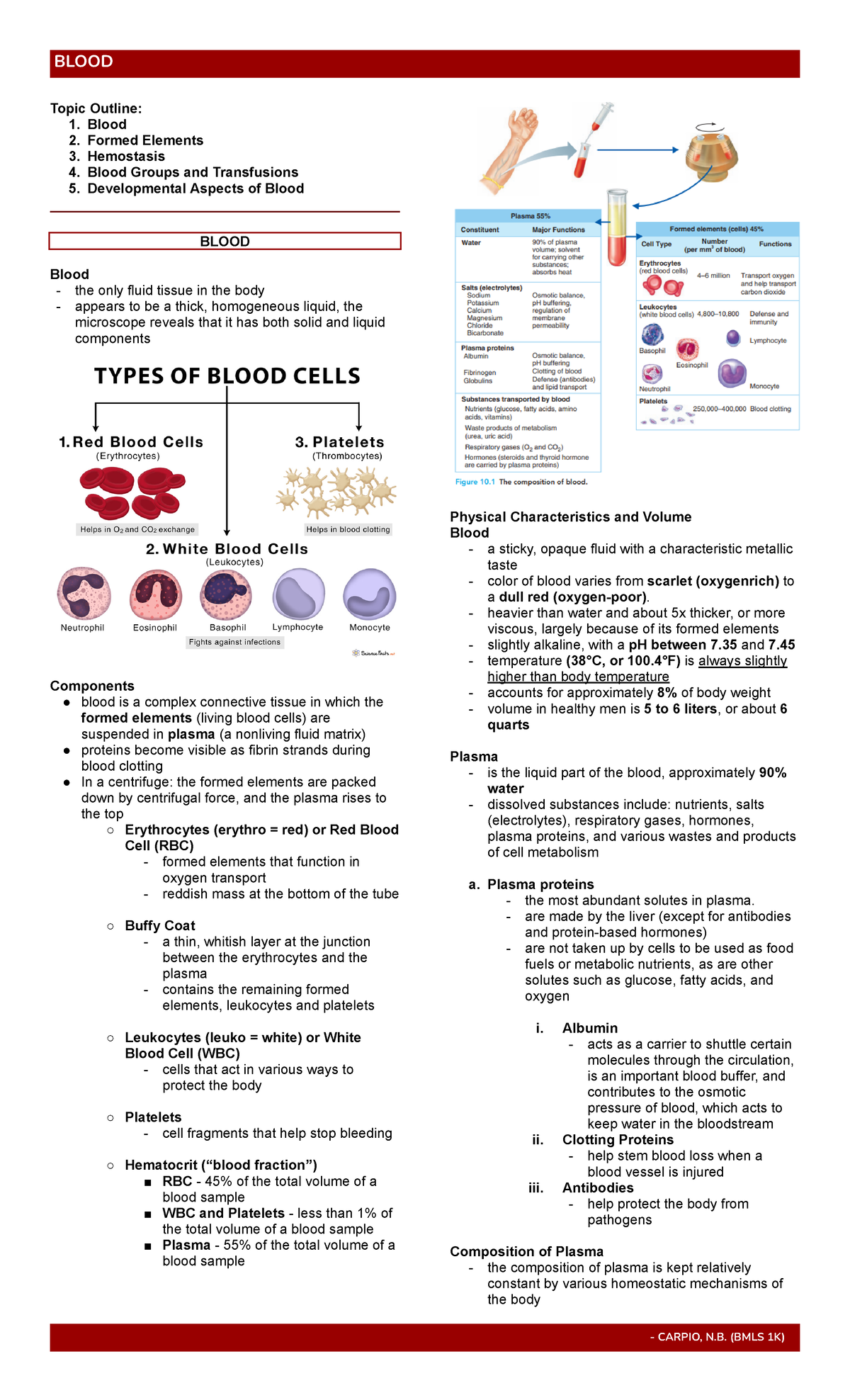[BIO 101] Blood - N/A - Topic Outline: 1. Blood 2. Formed Elements 3 ...