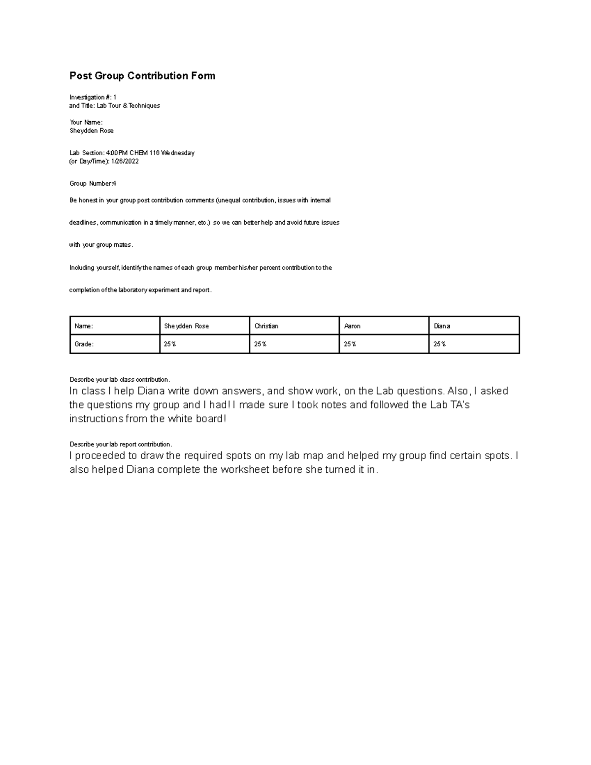 Lab 1 Chem 116 Arizona State University - Post Group Contribution Form ...