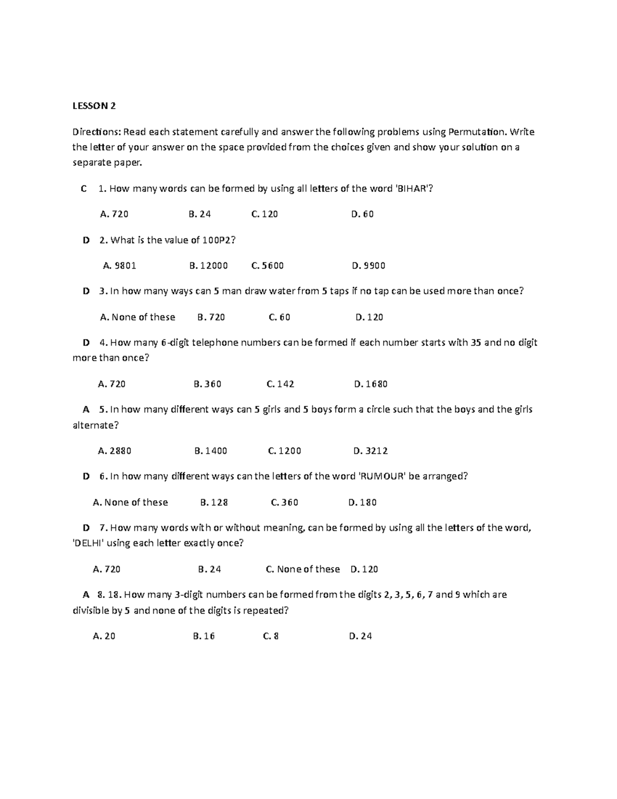 Lesson 2 - LESSON 2 Directions: Read each statement carefully and ...