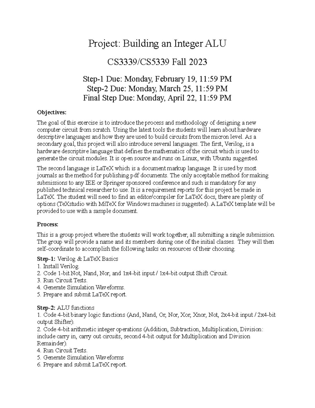 Project-1 - CS pro - Project: Building an Integer ALU CS3339/CS5339 Fall 2023 Step-1 Due: Monday ...