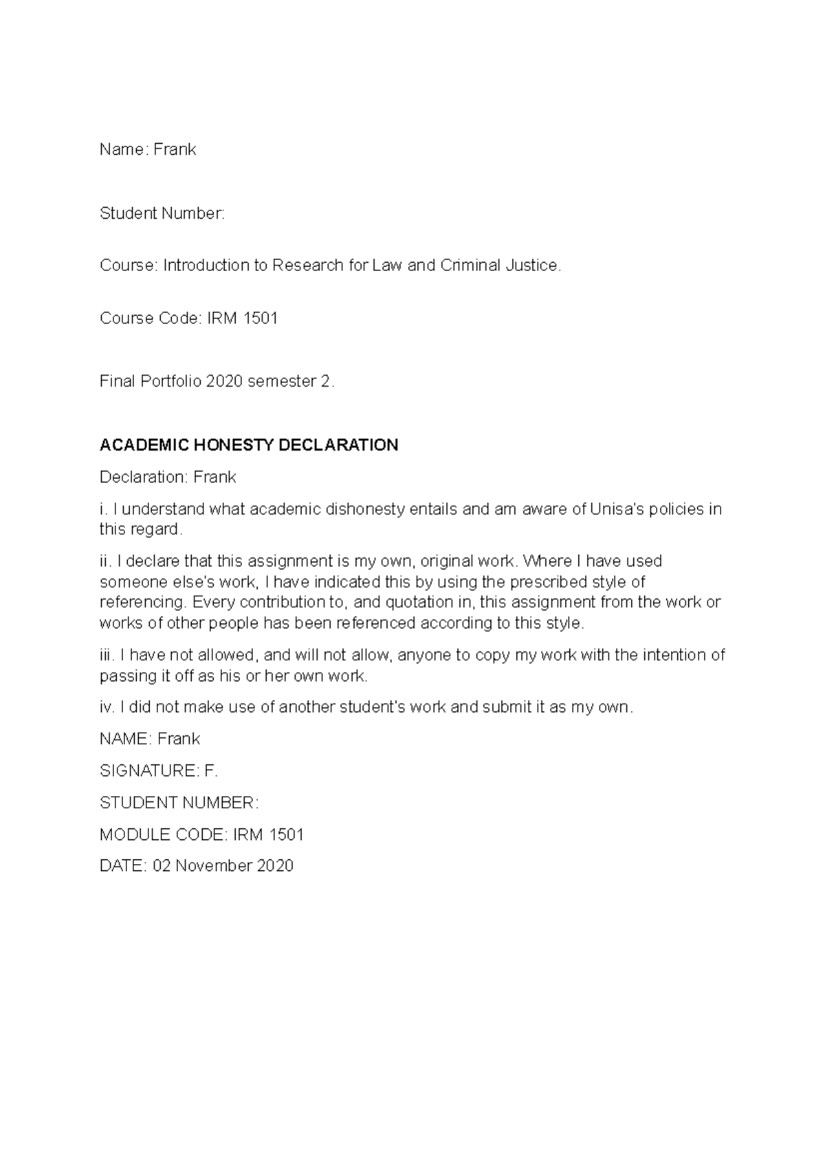 IRM final portfolio 2020 - Name: Frank Student Number: Course ...