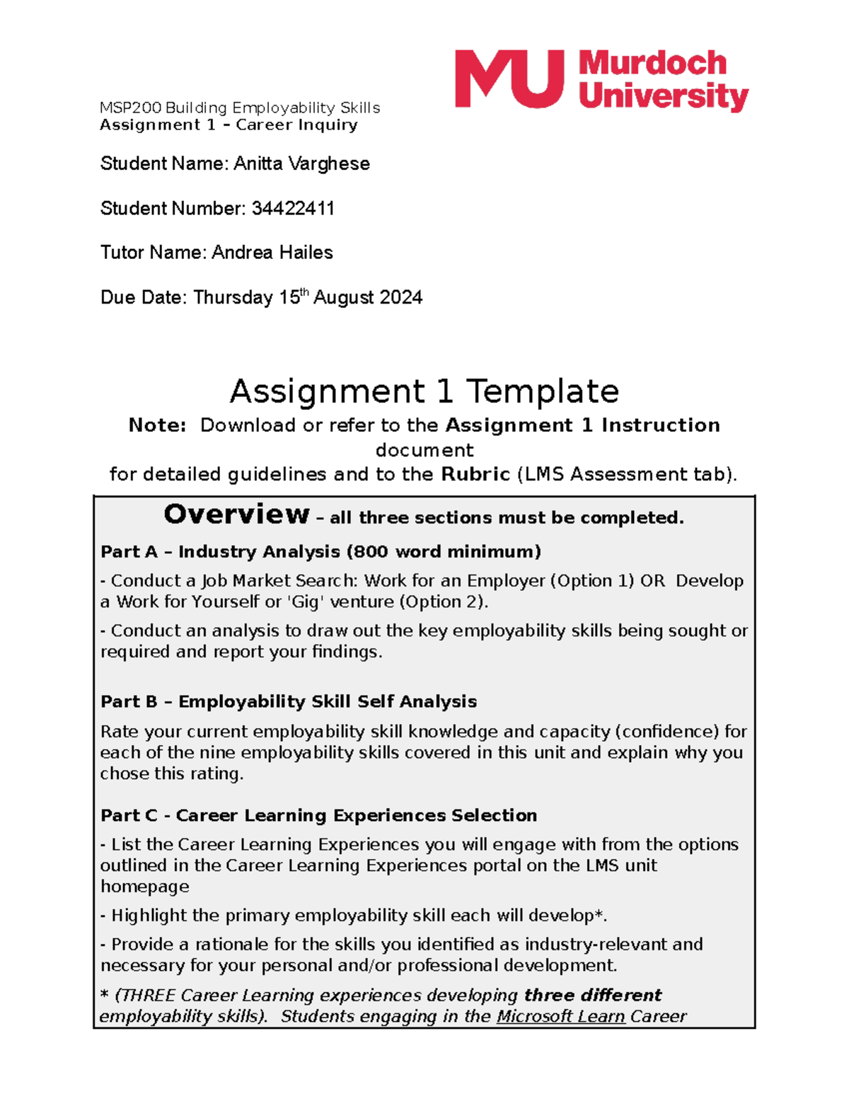 Assignment 1 msp200- Anittta Varghese (1) - Assignment 1 – Career ...