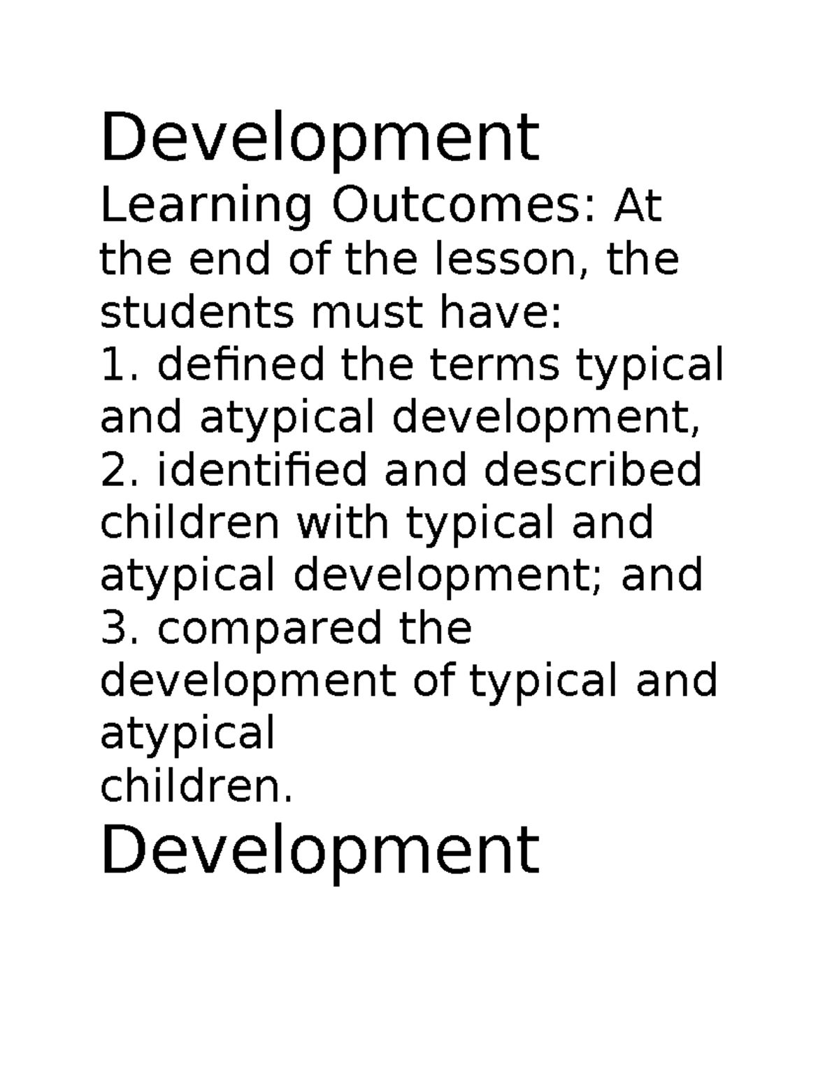 Profed LP - Development Learning Outcomes: At the end of the lesson ...
