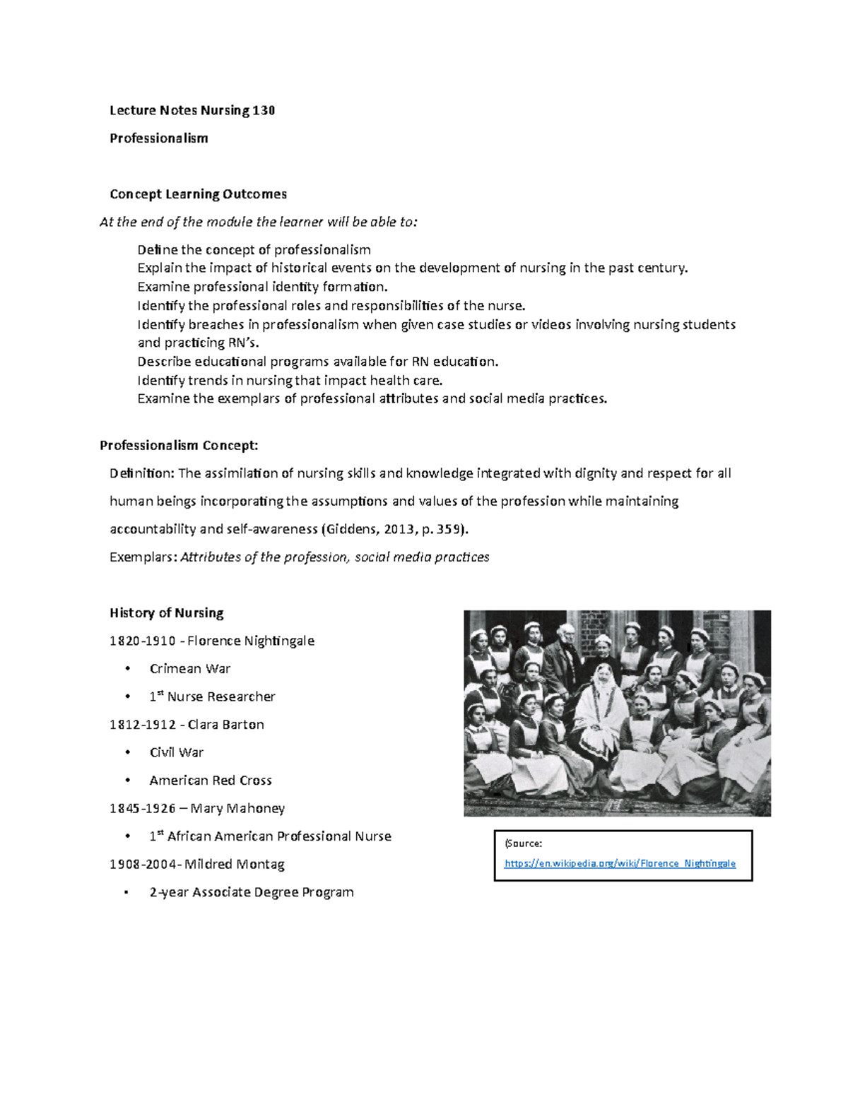 NSG 130 Lecture Notes Professionalism - Lecture Notes Nursing 130 ...