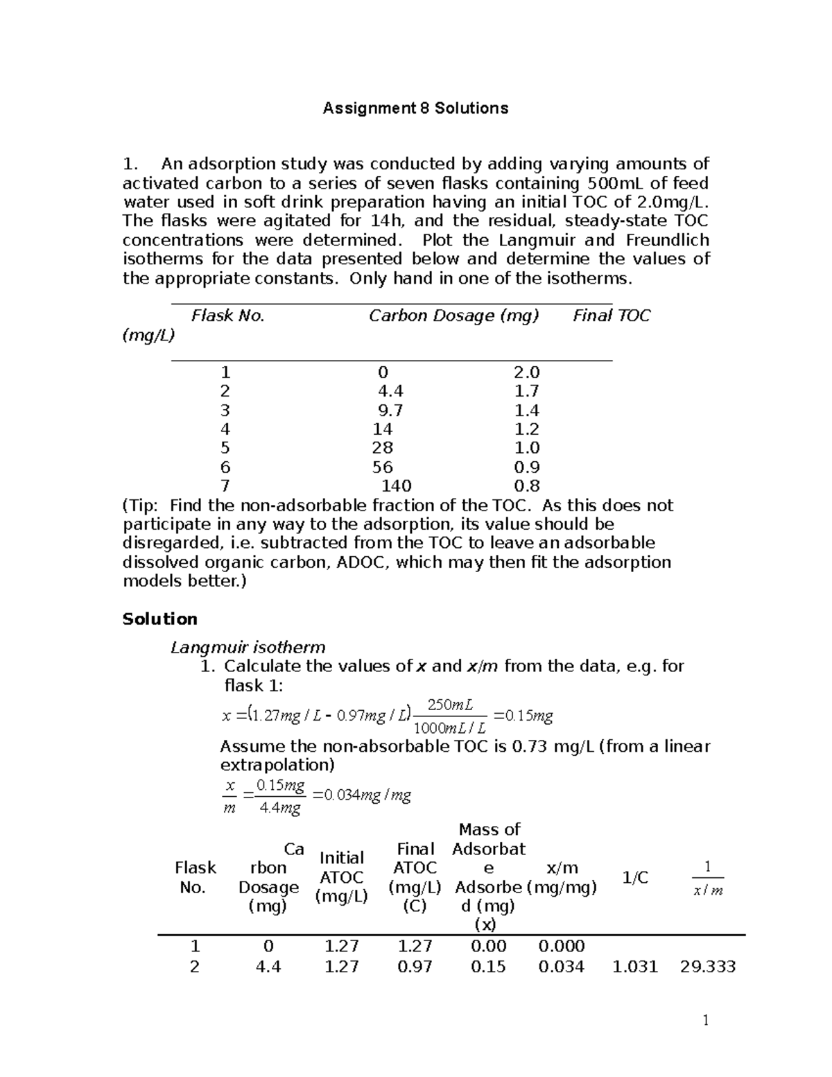 Assignment 8 solutions - Assignment 8 Solutions An adsorption study was conducted by adding ...