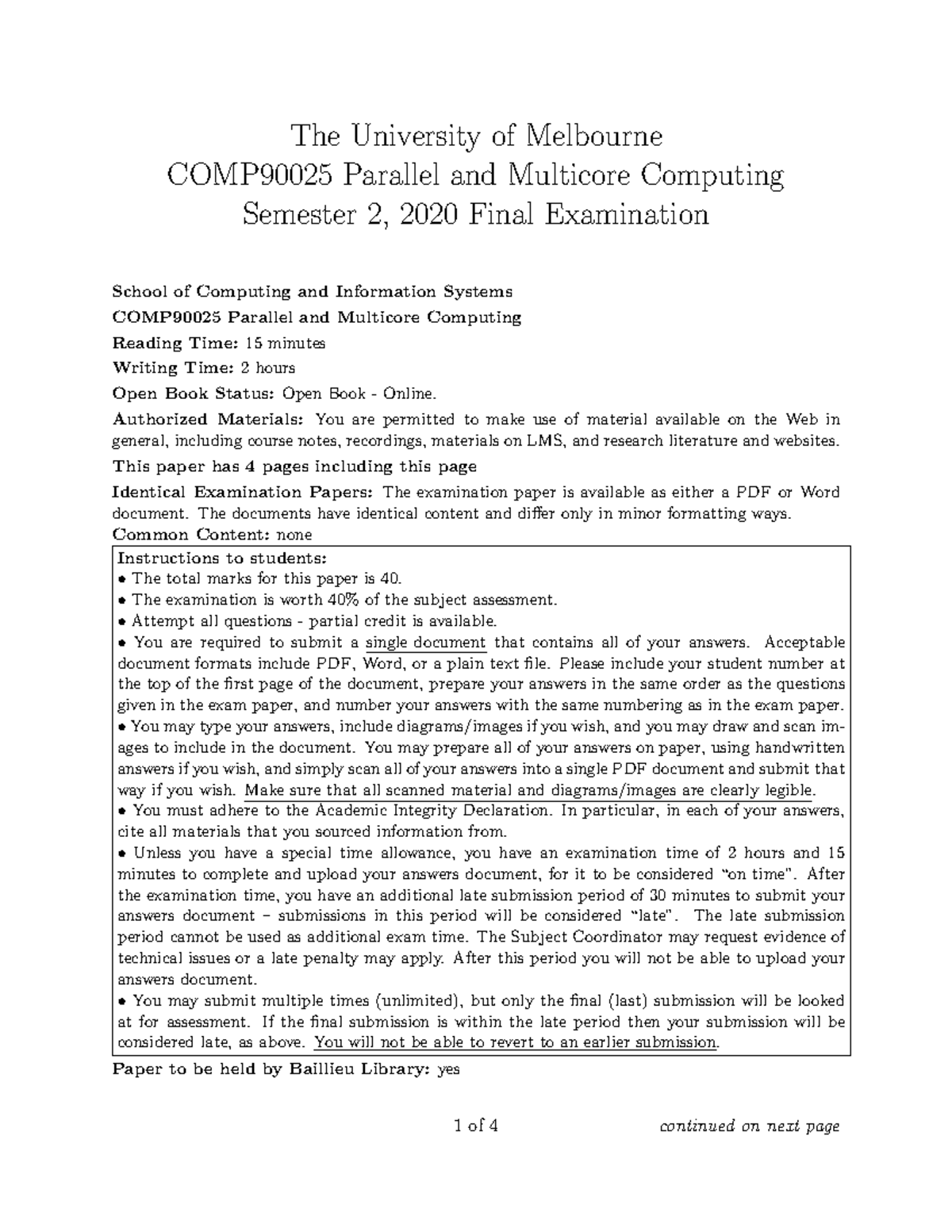 COMP90025 parallel and multicore computing exam 2020 - The University of Melbourne COMP90025 ...