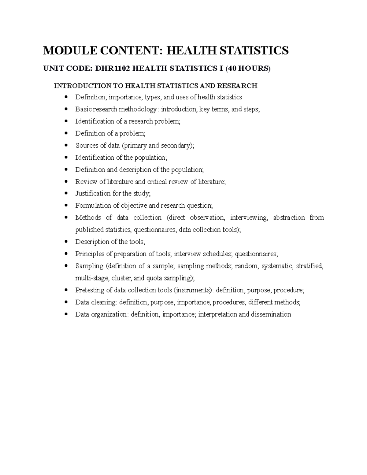 Health Statistics 1 - MODULE CONTENT: HEALTH STATISTICS UNIT CODE ...