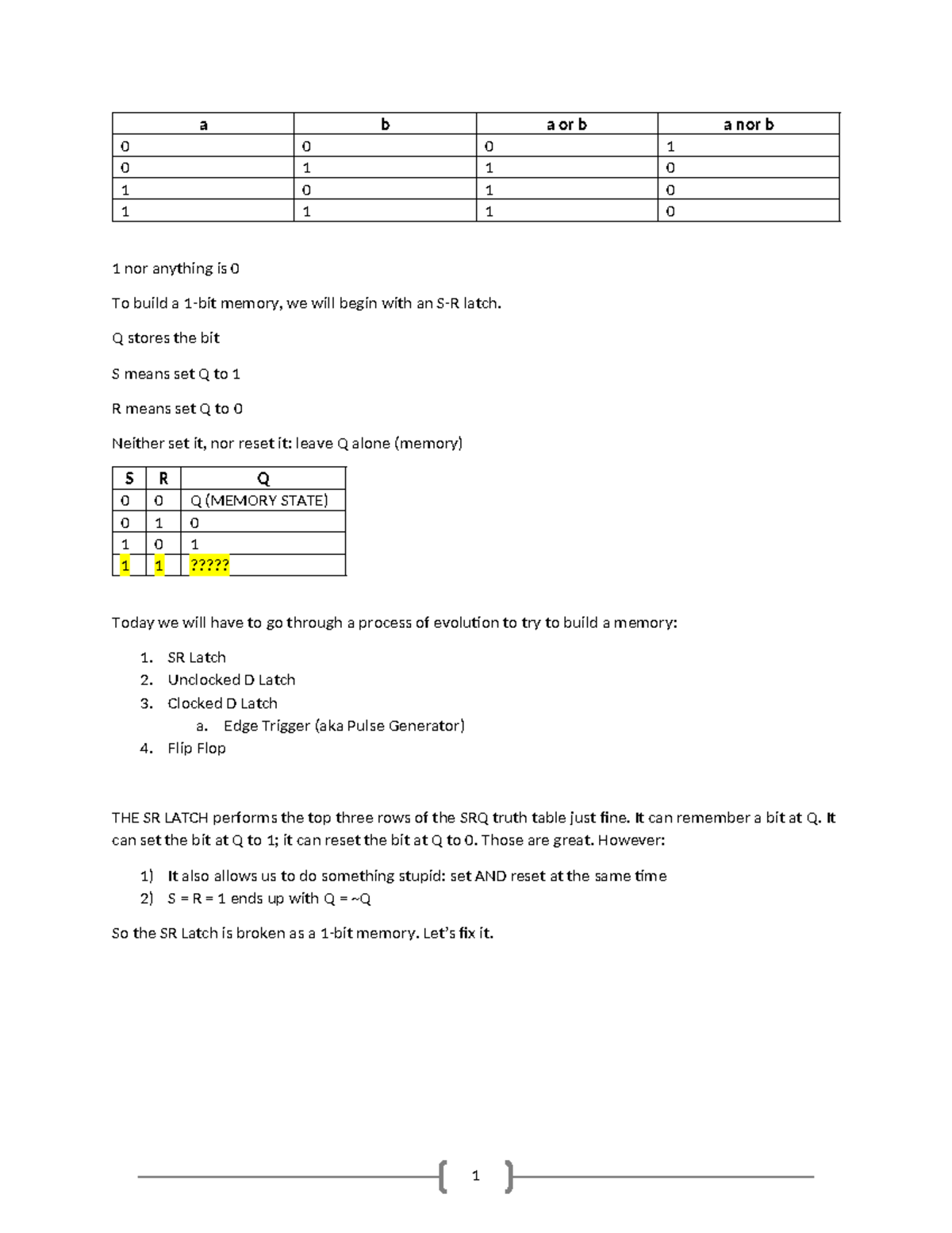 Arch lesson 05 notes part1 - a b a or b a nor b 0 0 0 1 0 1 1 0 1 0 1 0 ...