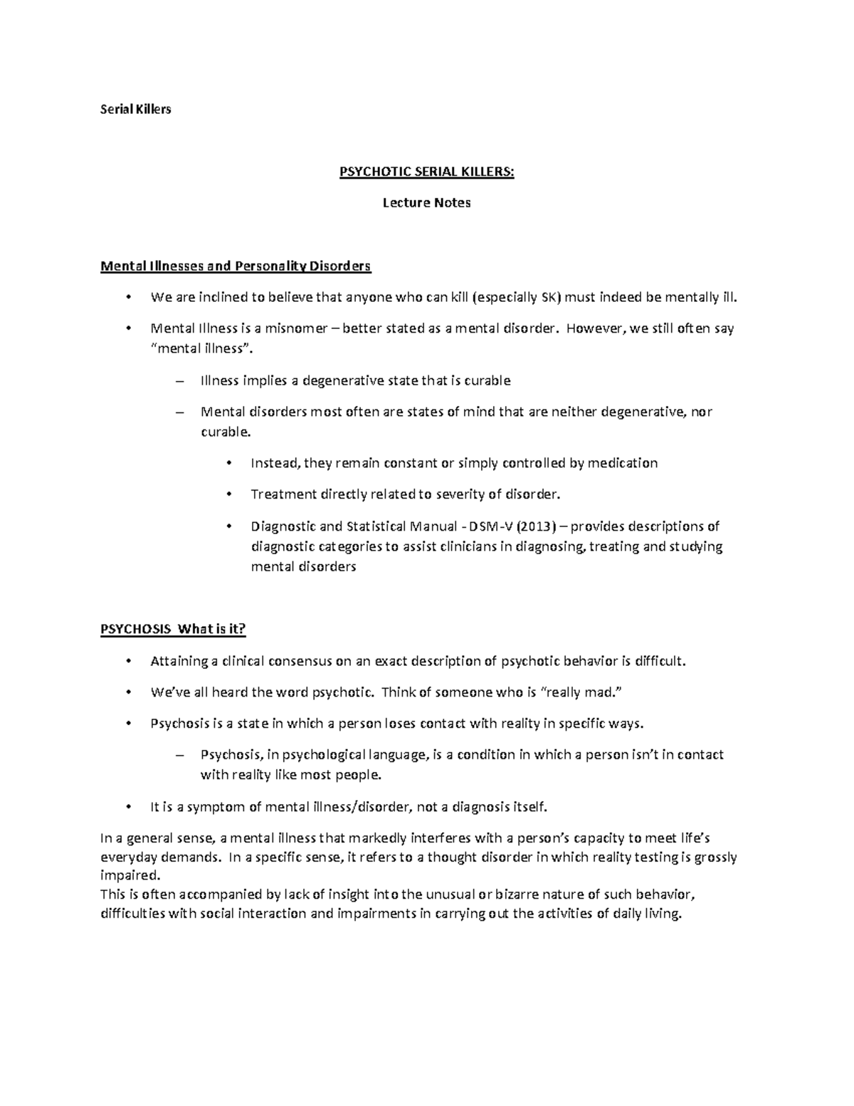 Psychotics Lecture Notes - Serial Killers PSYCHOTIC SERIAL KILLERS ...