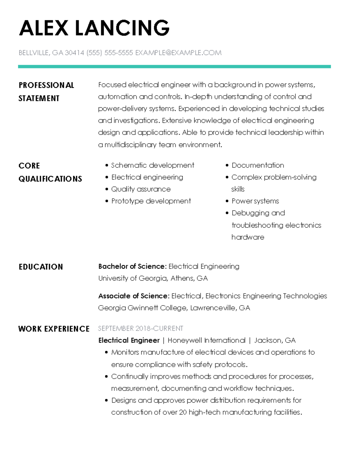Electrical Engineer example CV - ALEX LANCING BELLVILLE, GA 30414 (555 ...