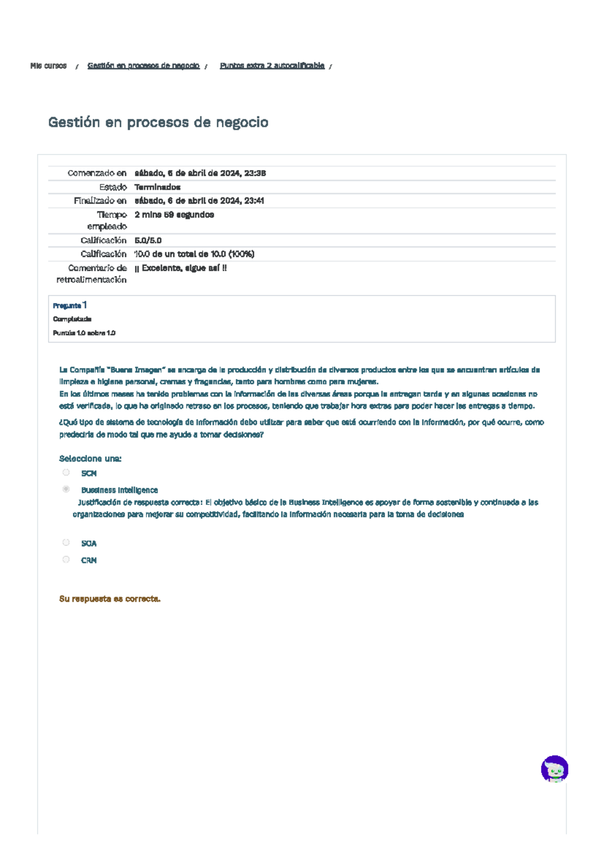 Gestión en procesos de negocio autocalificable 2 - Gestion en Procesos de Negocios - Studocu