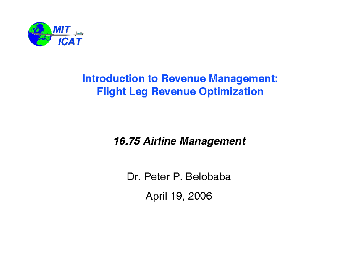 Lect18 Introduction to Revenue Management: Flight Leg Revenue ...