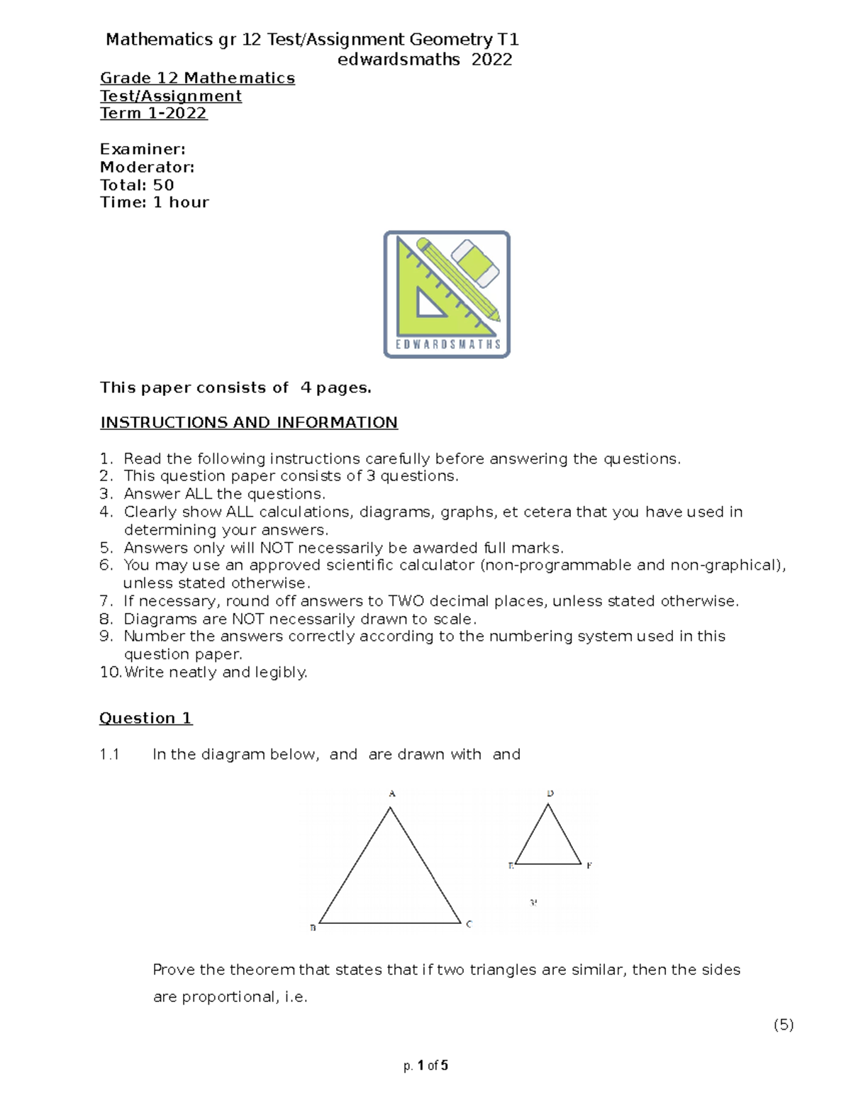 Gr 12 Edwardsmaths Test or Assignment Geometry T1 2022 Eng ...