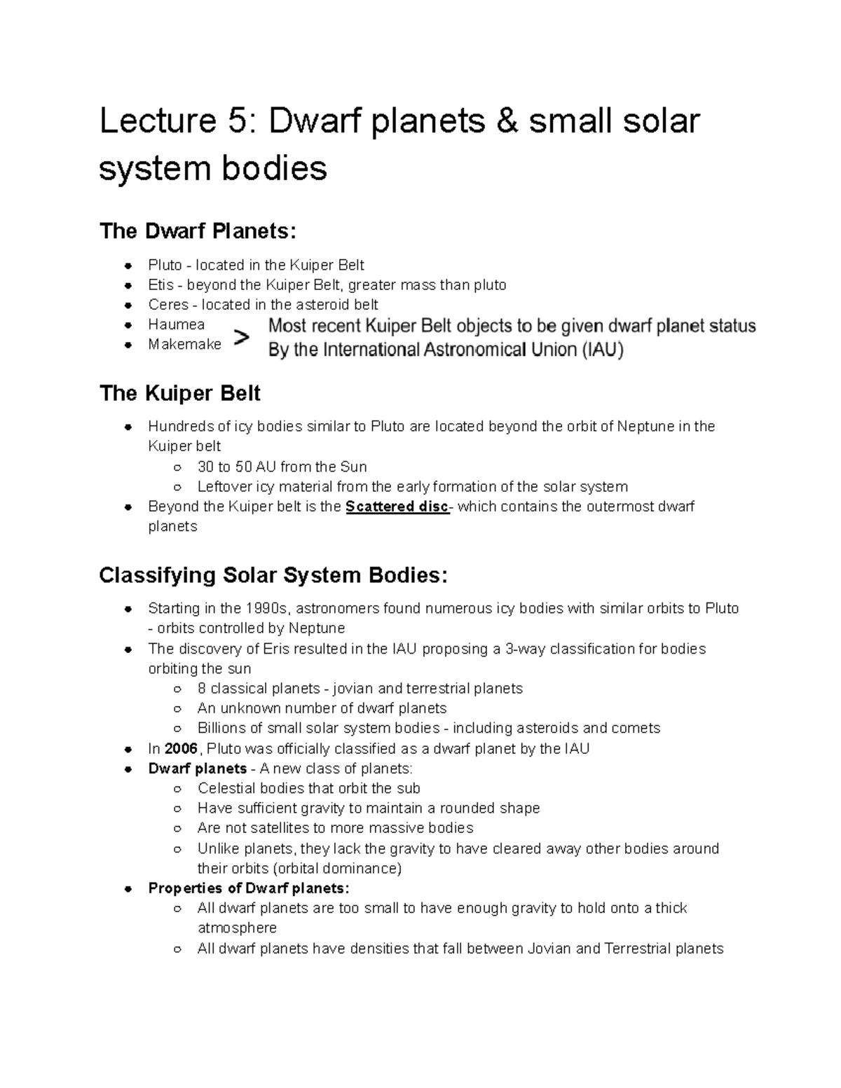 Lecture 5: Dwarf planets and small solar system bodies - Lecture 5 ...