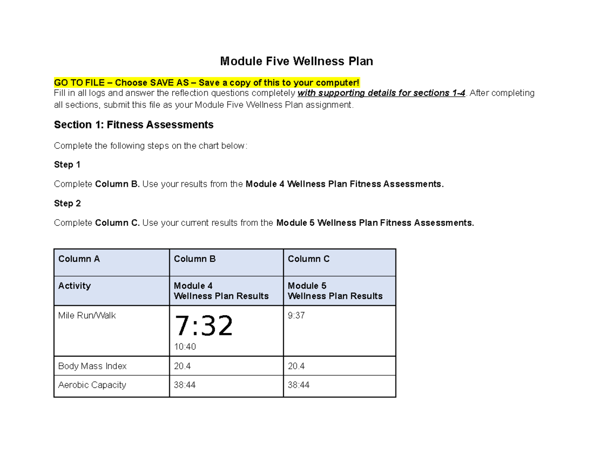 Module five wellness plan - Module Five Wellness Plan GO TO FILE ...