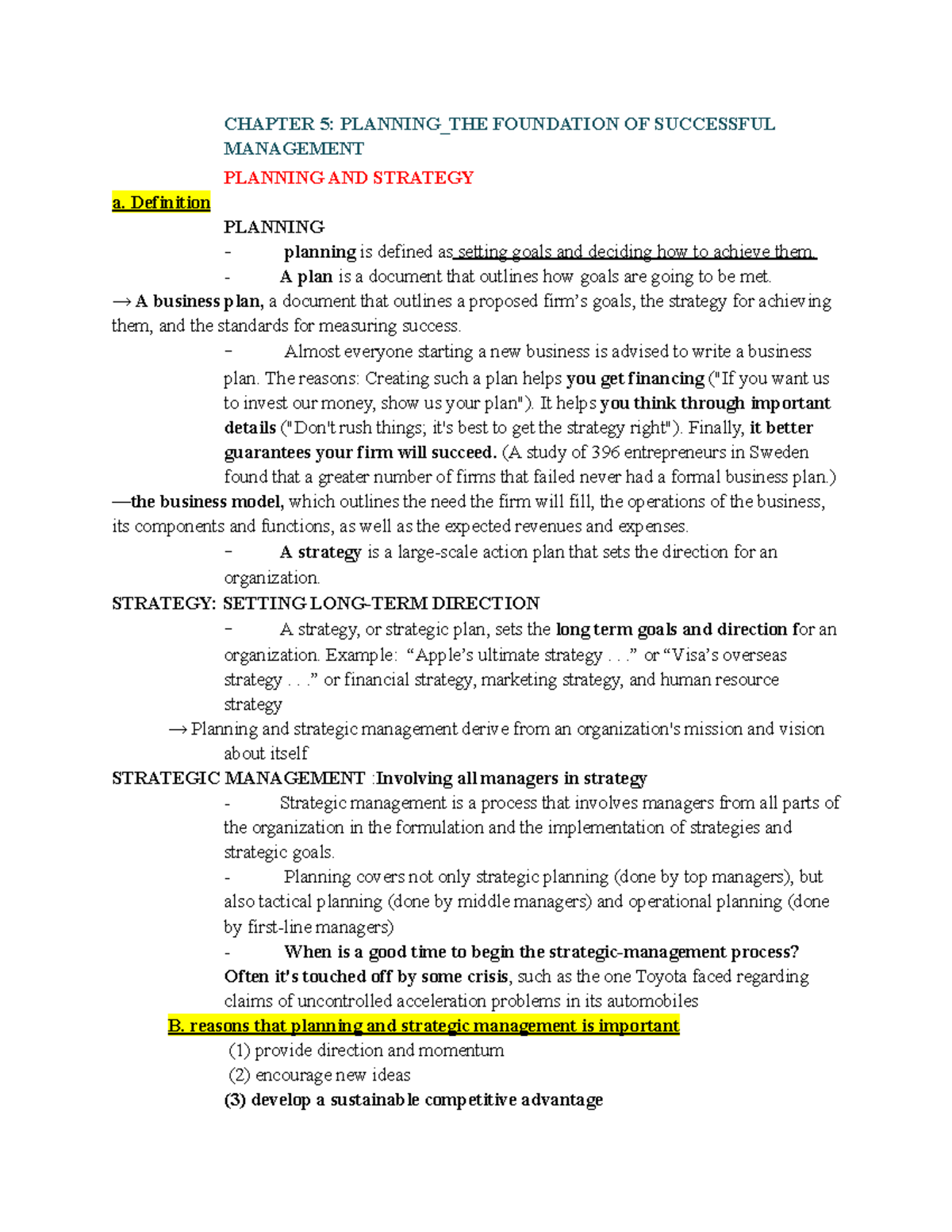 CH5-CH8 - CHAPTER 5: PLANNING_THE FOUNDATION OF SUCCESSFUL MANAGEMENT PLANNING AND STRATEGY a ...