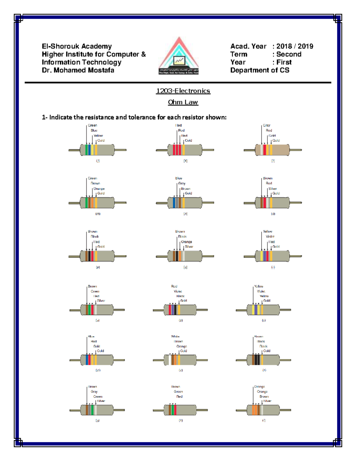 2- ohm law - sheet - El-Shorouk Academy Acad. Year : 2018 / 2019 Higher ...