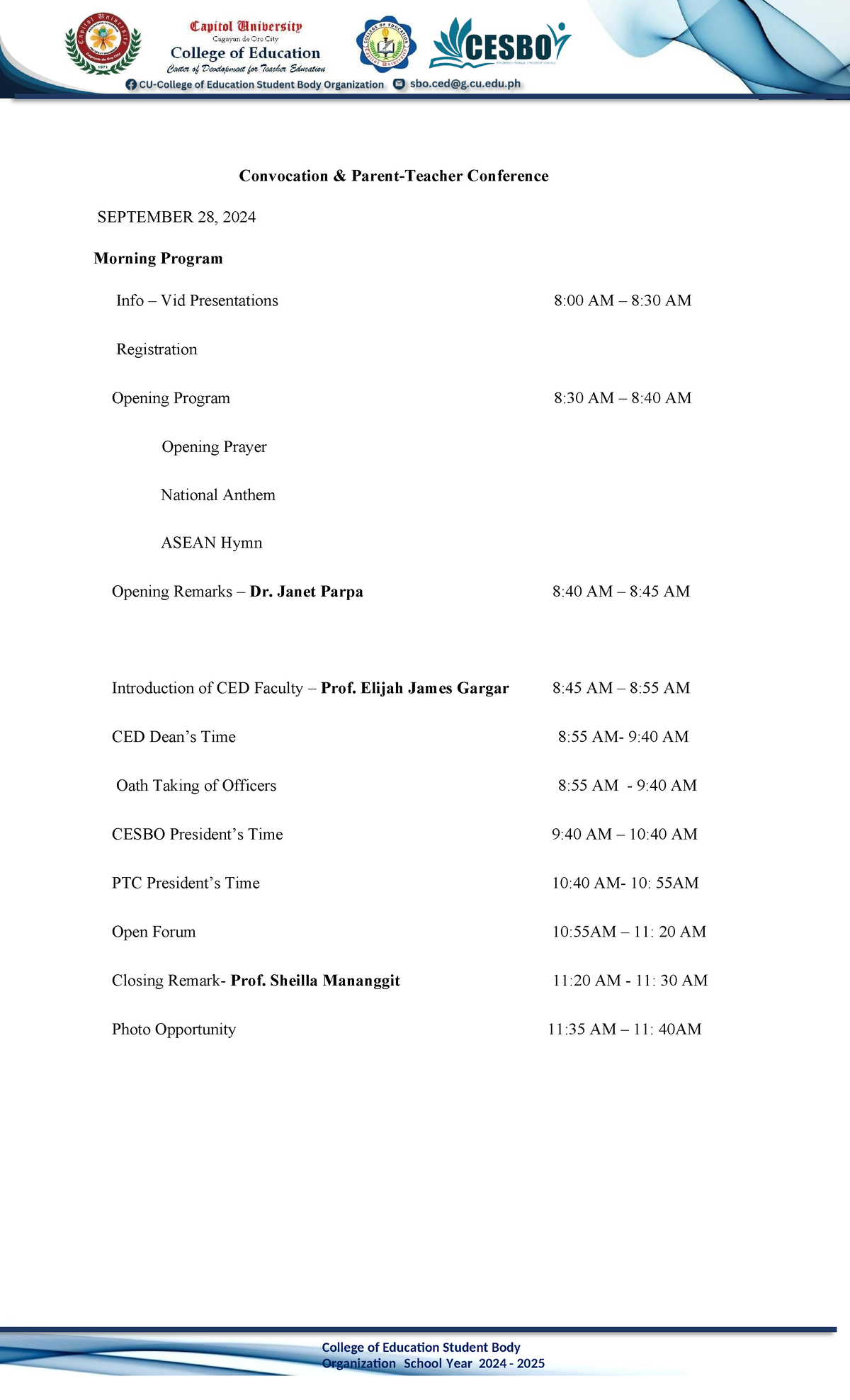 Convocation Parent Teacher Conference Program flow - College of ...