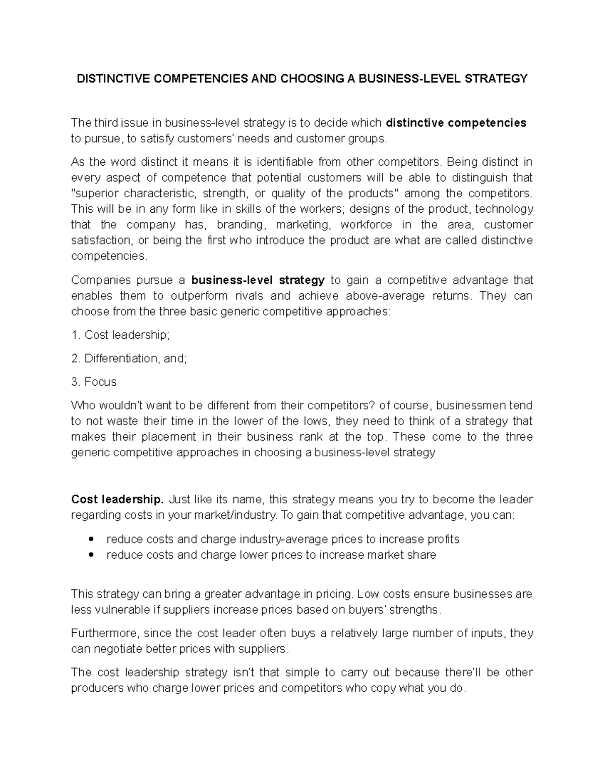 Distinctive Competencies AND Choosing A Business - DISTINCTIVE ...