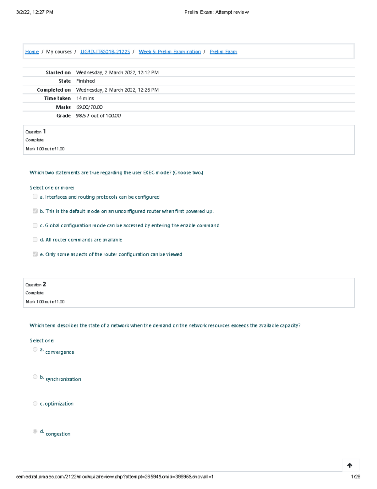 Prelim Exam Attempt review data communication and networking - Home / My courses / - Studocu
