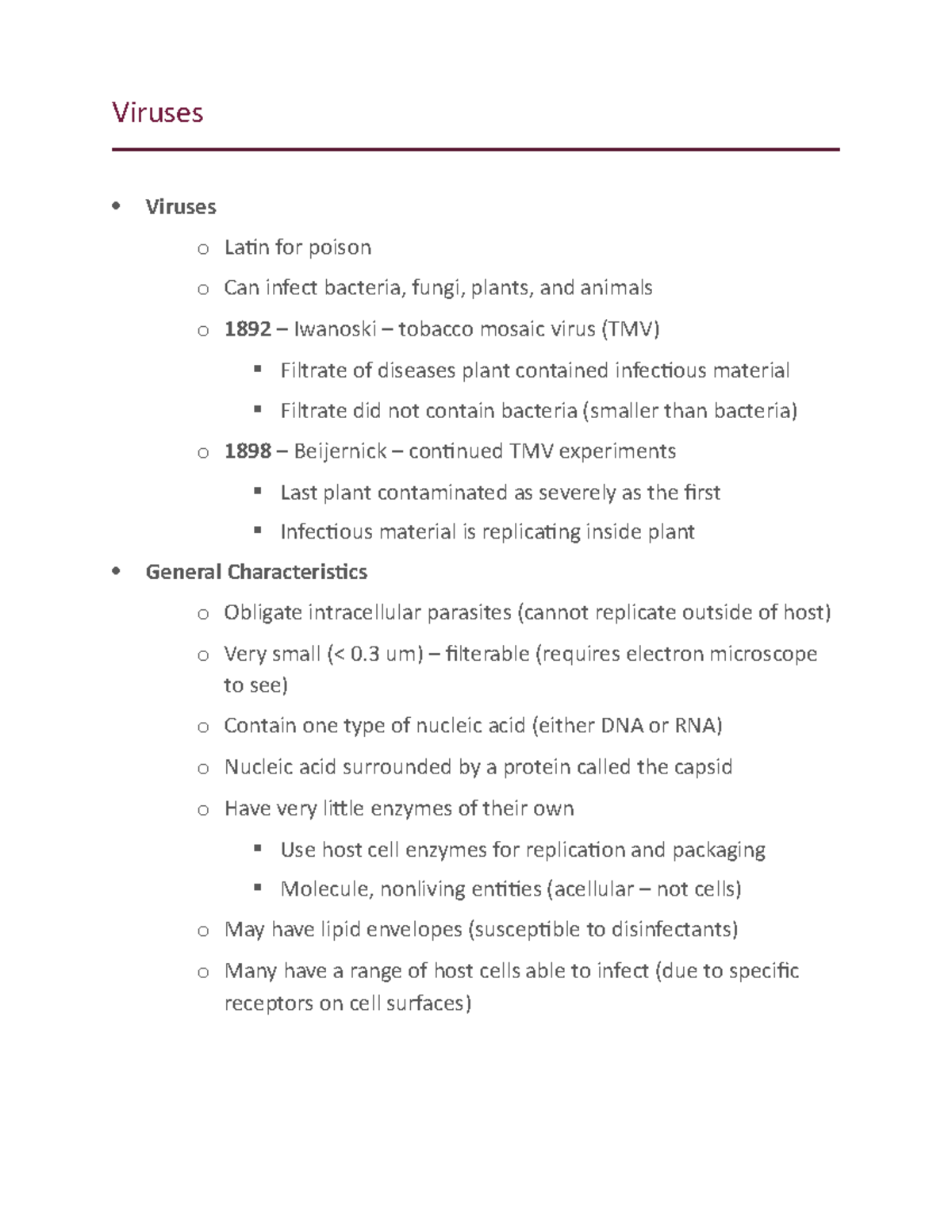 Viruses - Lecture notes Lecture for Exam 3 - Viruses Viruses o Latin ...