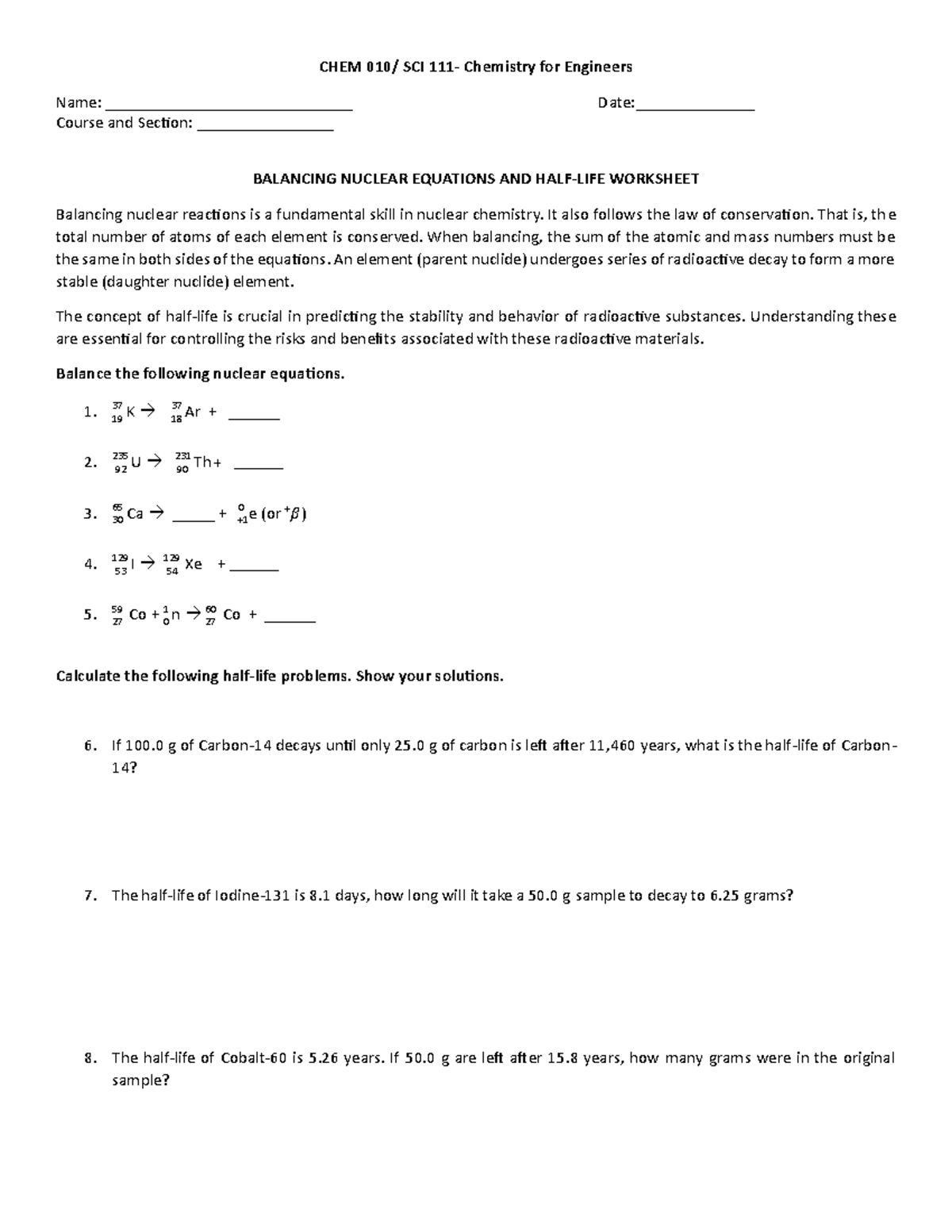 Balancing Nuclear equations and half life - CHEM 010/ SCI 111 ...