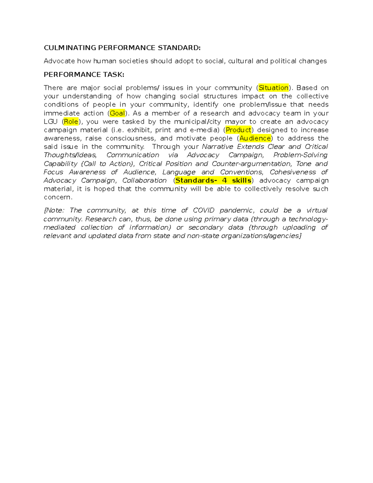 Culminating Performance Standard - CULMINATING PERFORMANCE STANDARD ...