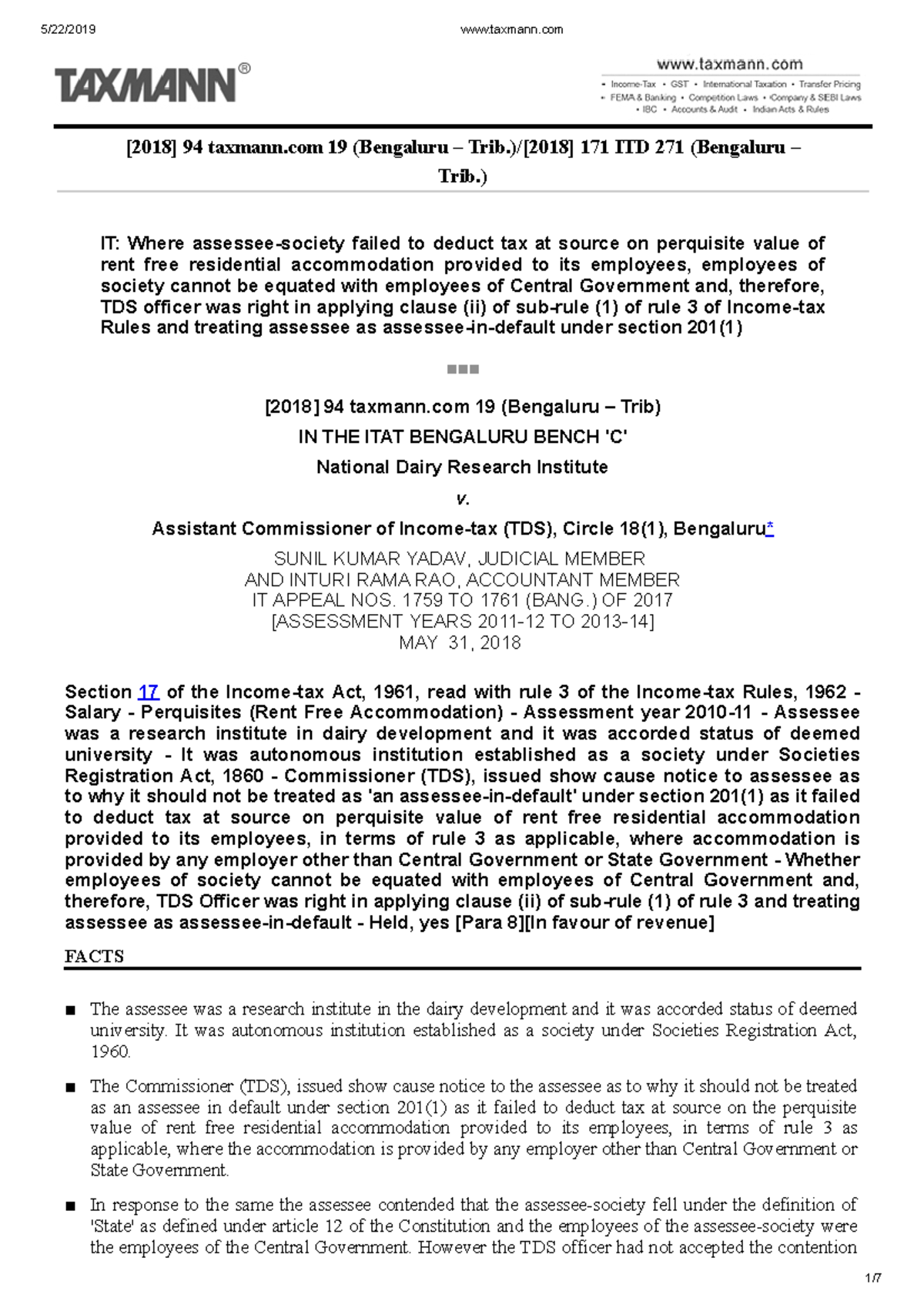 Assessee in Default and TDS Case Law - [2018] 94 taxmann 19 (Bengaluru ...