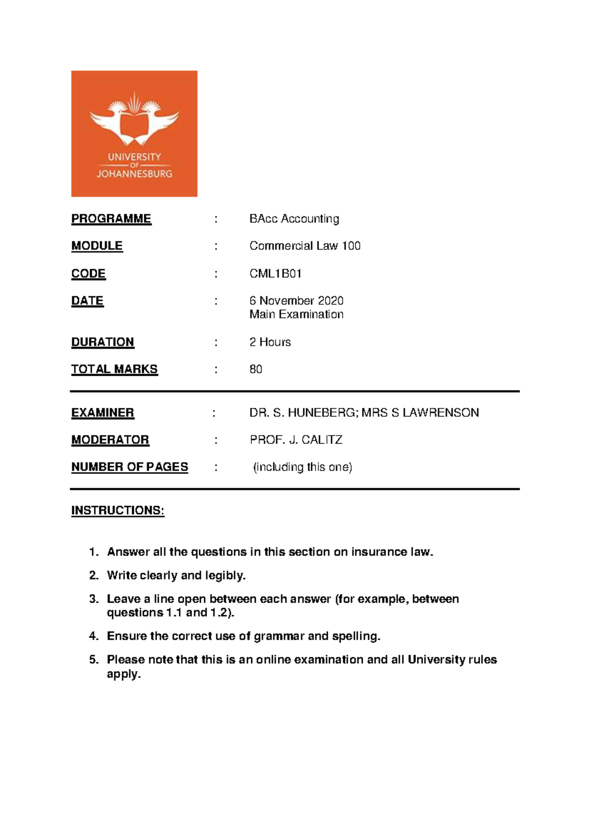 Commercial Law 100 Main Exam Question Paper - PROGRAMME : BAcc ...