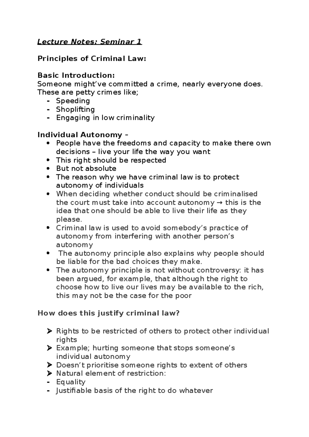 Crimnal Law seminar - Lecture Notes: Seminar 1 Principles of Criminal ...