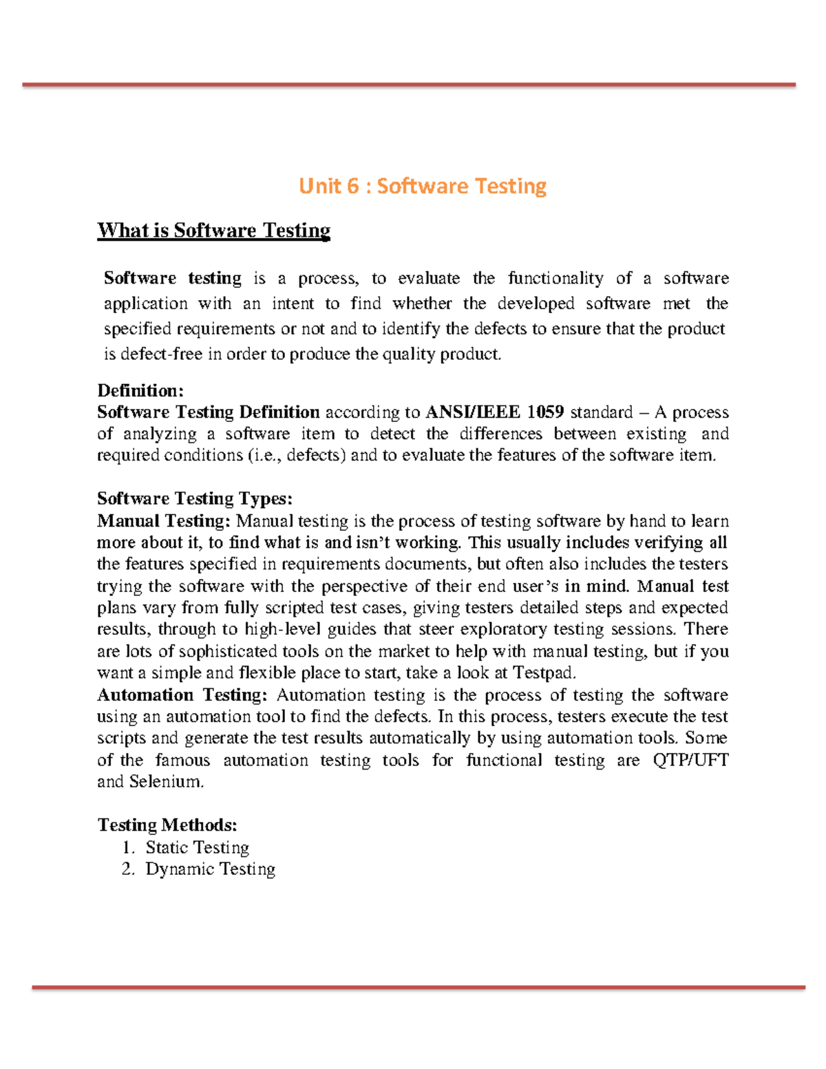 ST notes final converted 1 - Unit 6 : Software Testing Definition ...