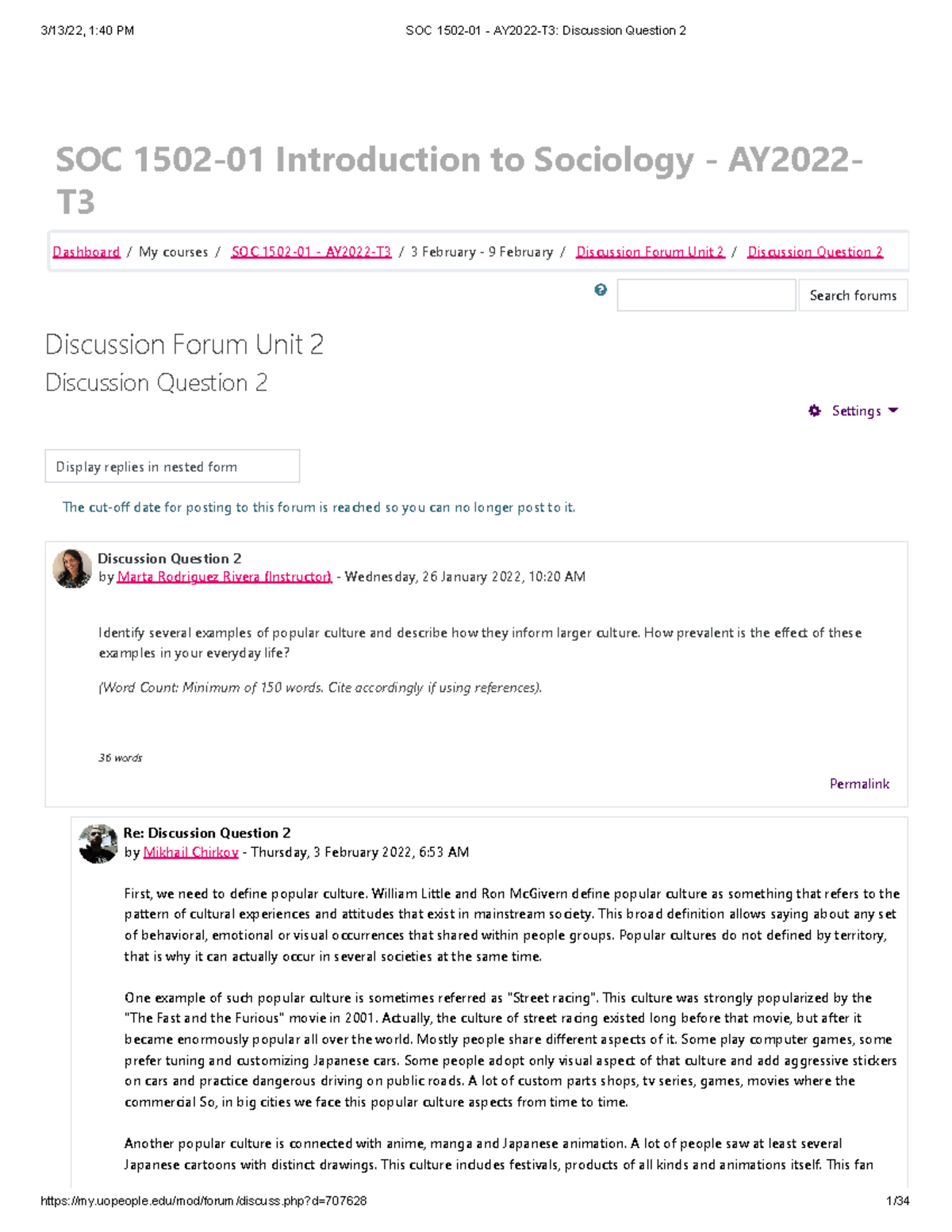 SOC 1502- Discussion Question 2 - SOC 1502-01 Introduction to Sociology ...