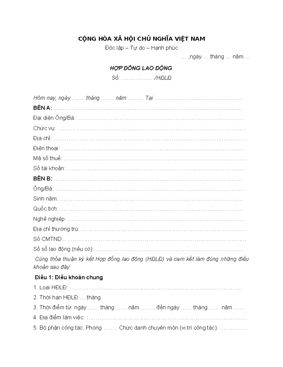 Mau hop dong lao dong moi nhat - CỘNG HÒA XÃ HỘI CHỦ NGHĨA VIỆT NAM Độc ...