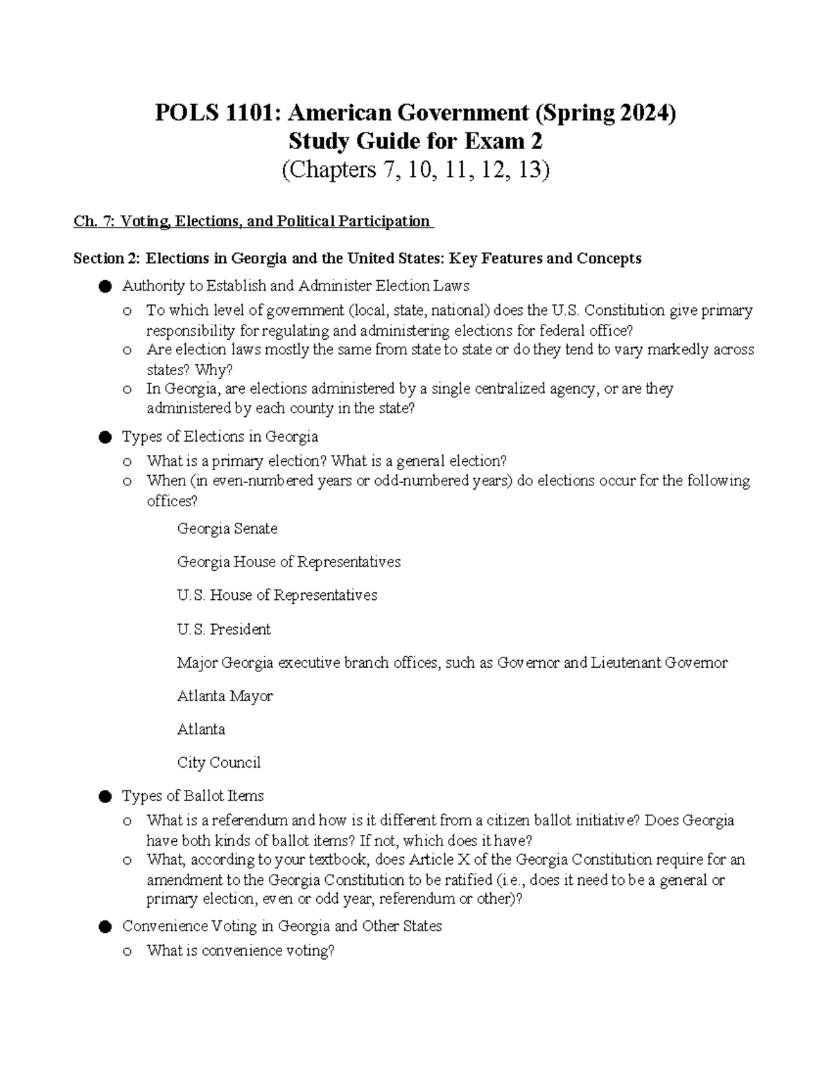Exam 2 Study Guide S24 - POLS 1101: American Government (Spring 2024 ...
