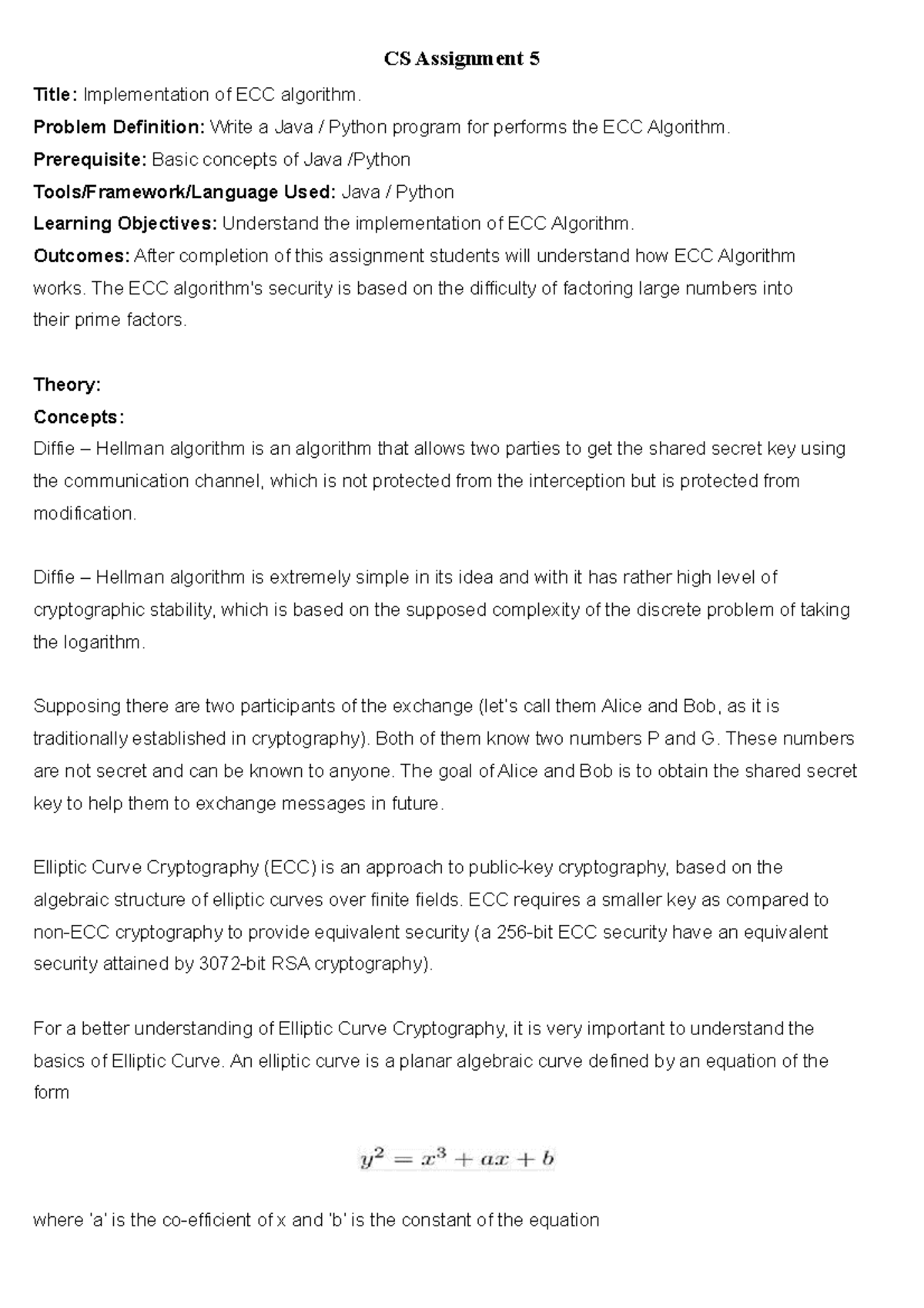 5 - practical - CS Assignment 5 Title: Implementation of ECC algorithm. Problem Definition ...