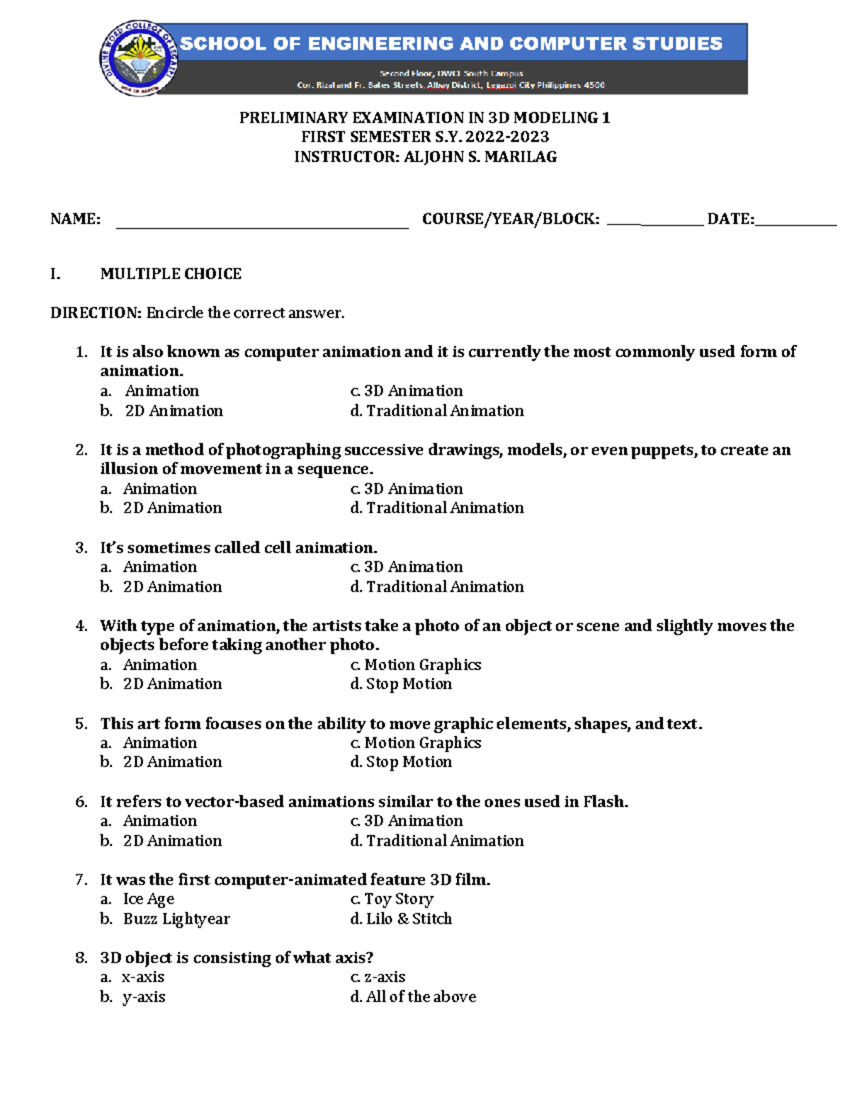 Prelim Exam IT Elec 04 - Q - PRELIMINARY EXAMINATION IN 3D MODELING 1 ...