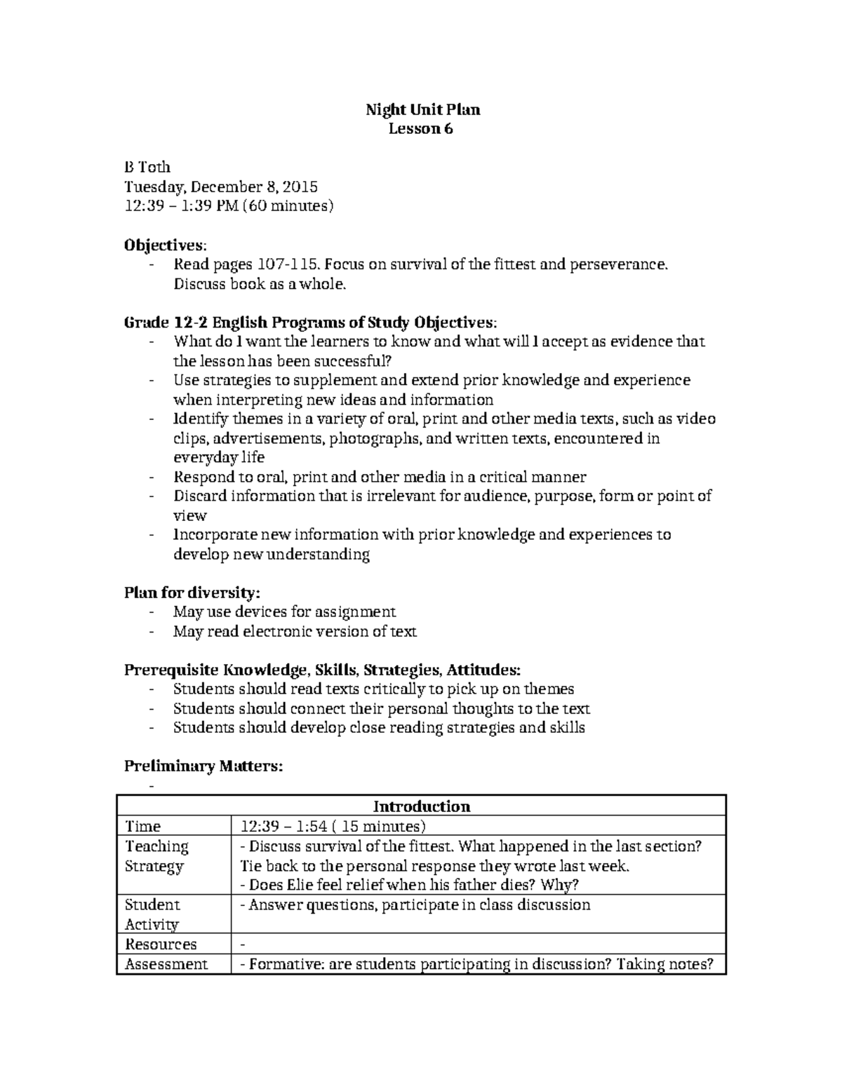 English 30-2 Lesson 6: Exploring Themes in Night - Night Unit Plan ...