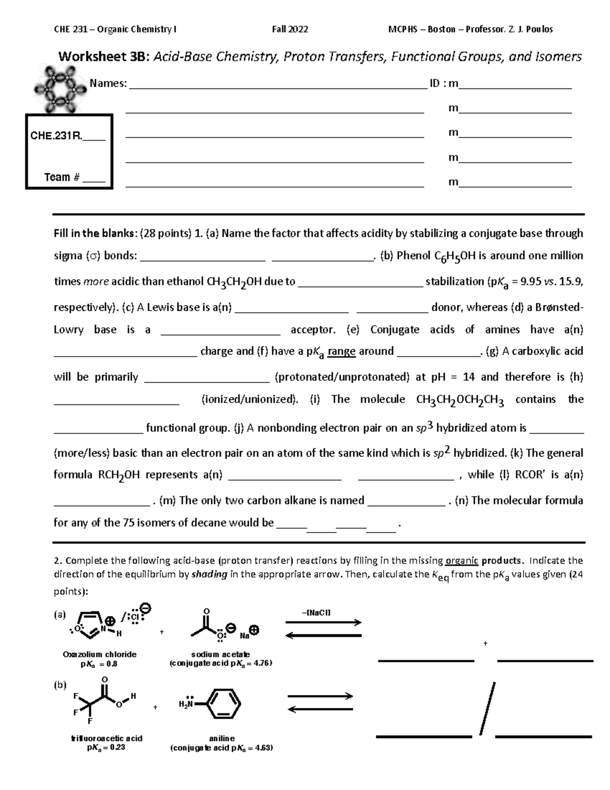 Worksheet 3B - Acid-Base Chemistry, Proton Transfers, Functional Groups ...
