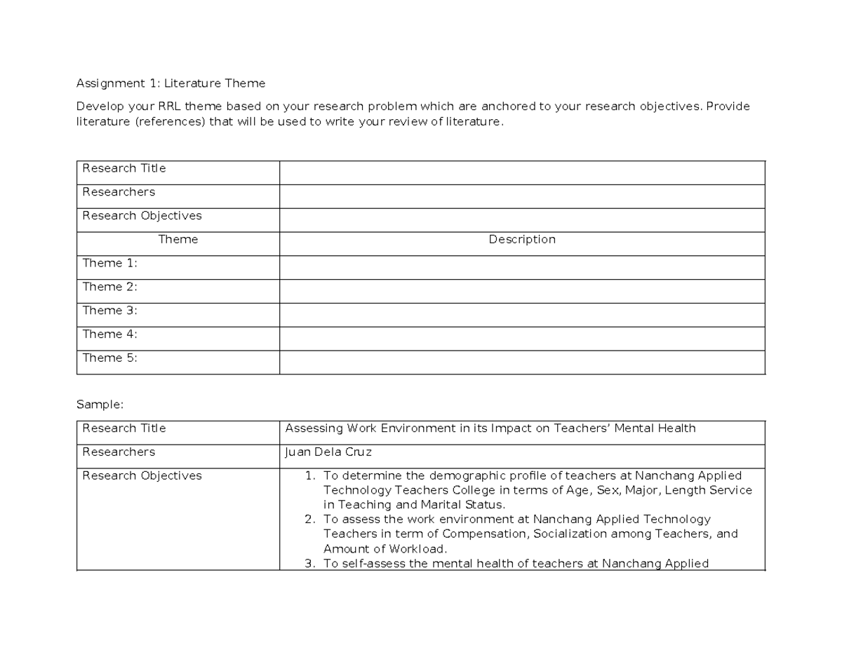 Assignment 1 RRL Theme - NOTES - Assignment 1: Literature Theme Develop ...