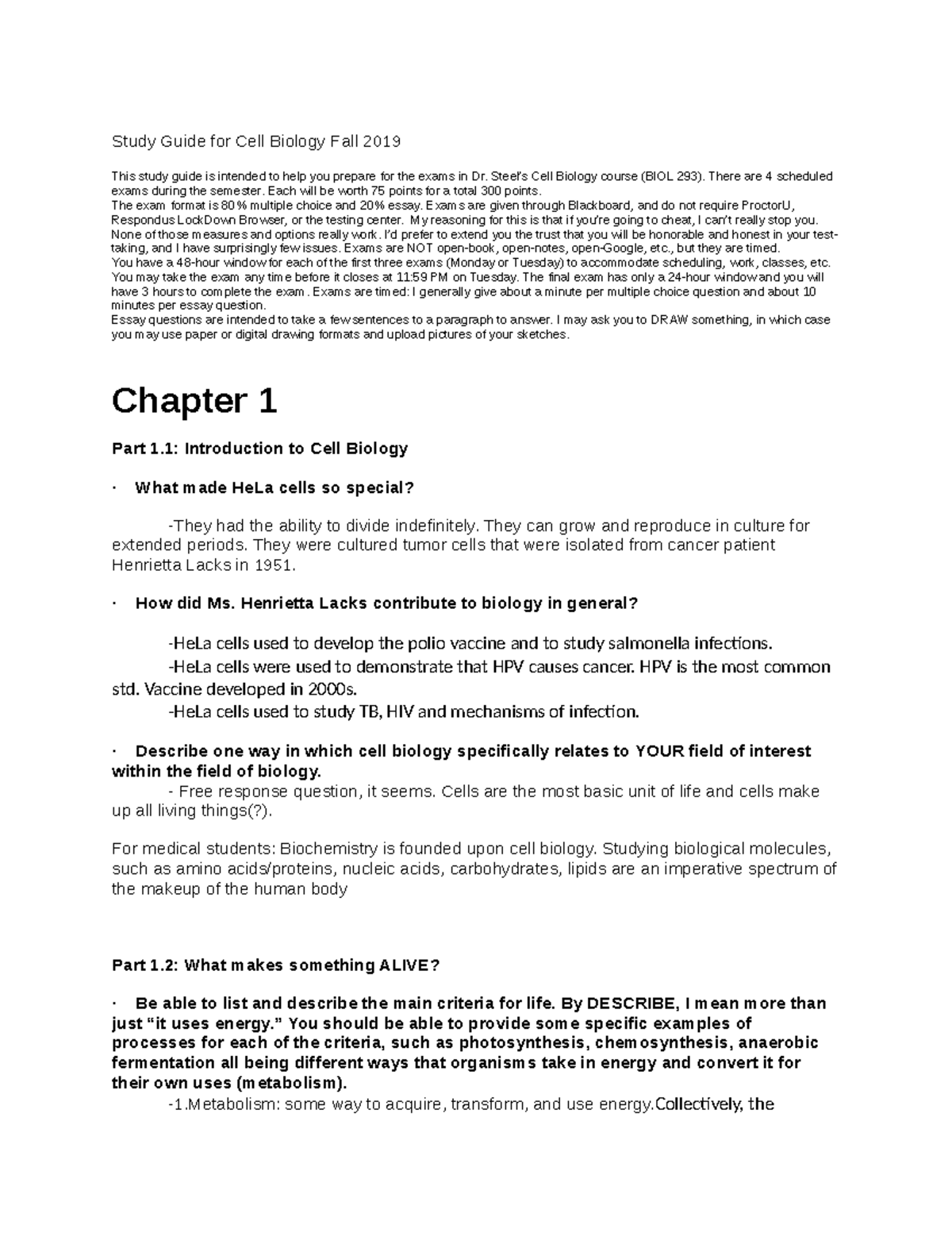 Cell Bio Exam 1 Study Guide - Study Guide for Cell Biology Fall 2019 ...