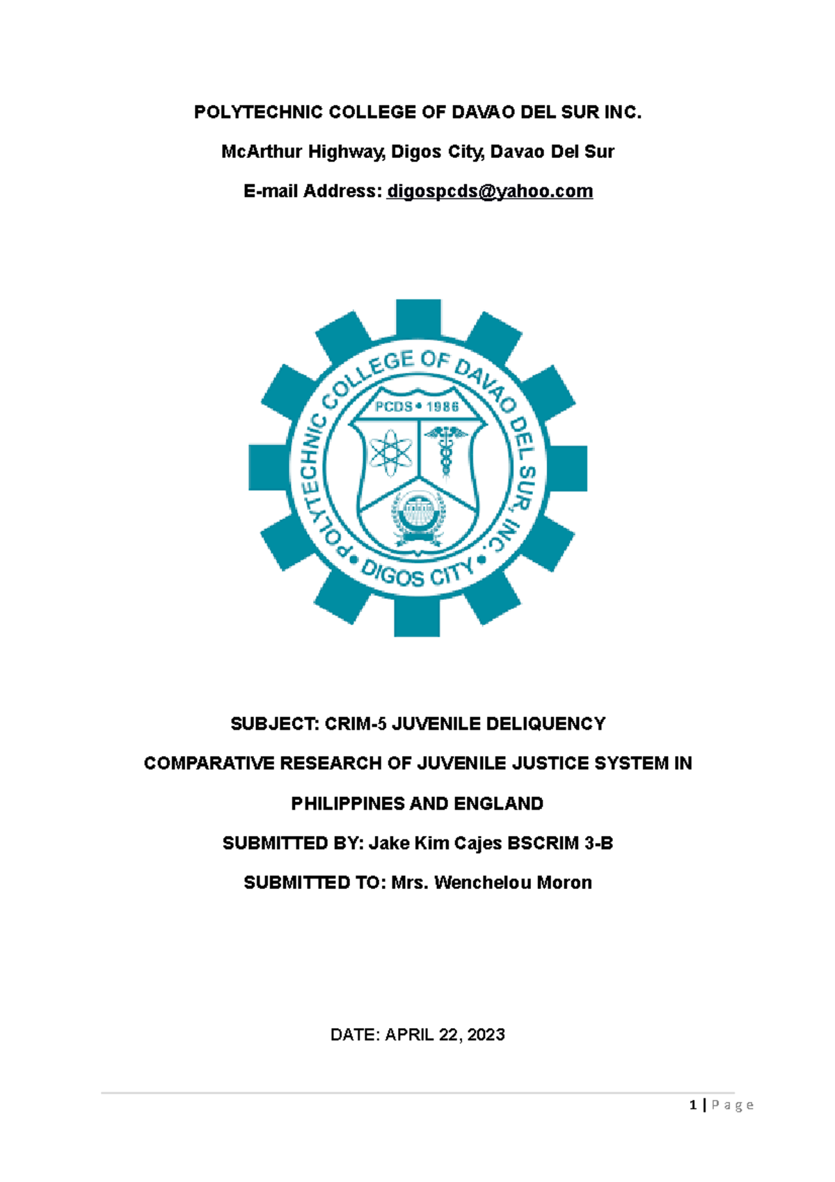 CRIM5- England- Cajes - POLYTECHNIC COLLEGE OF DAVAO DEL SUR INC ...