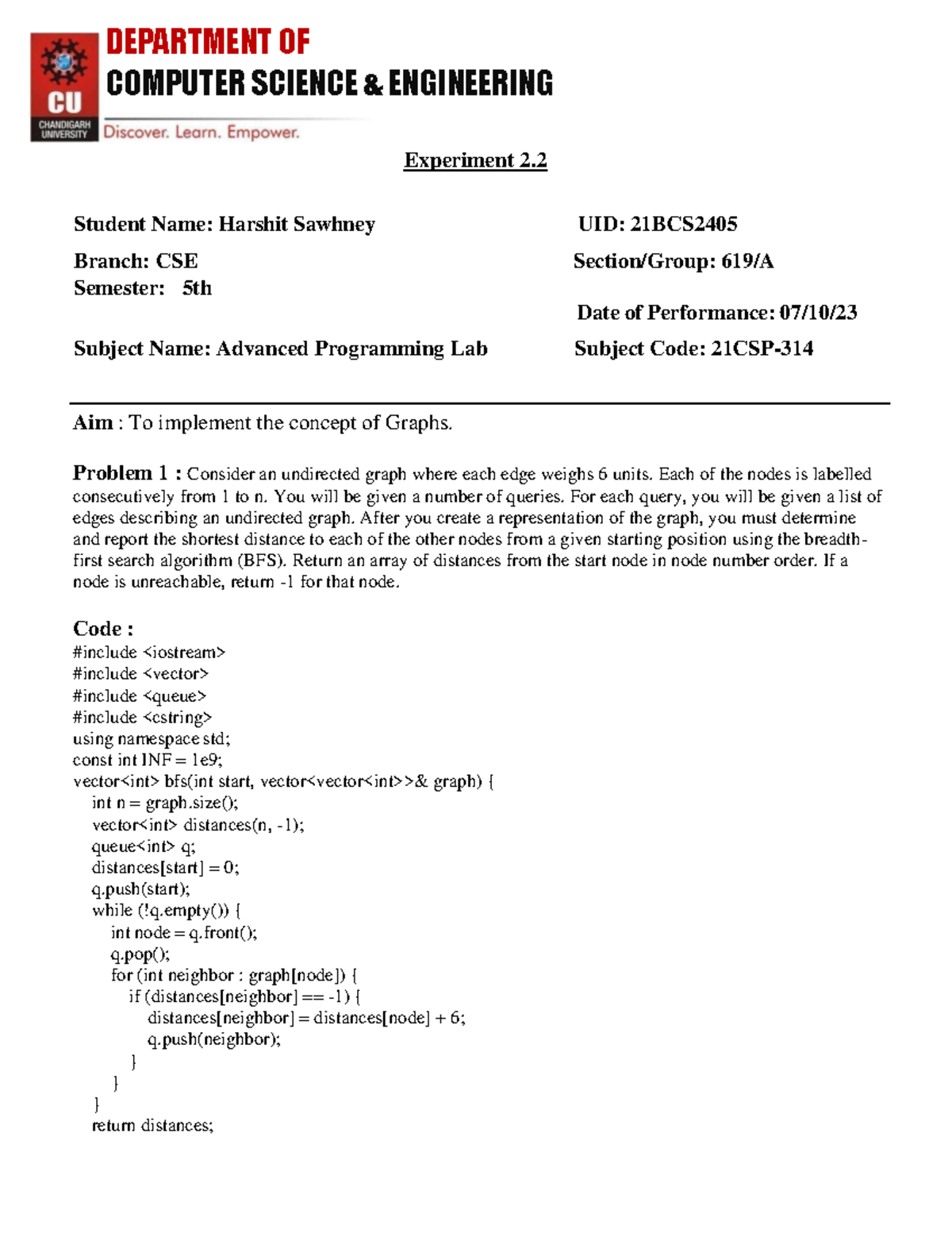 2.2 HArshit AP - Nothing - COMPUTER SCIENCE & ENGINEERING Experiment 2. 2 Student Name: Harshit ...