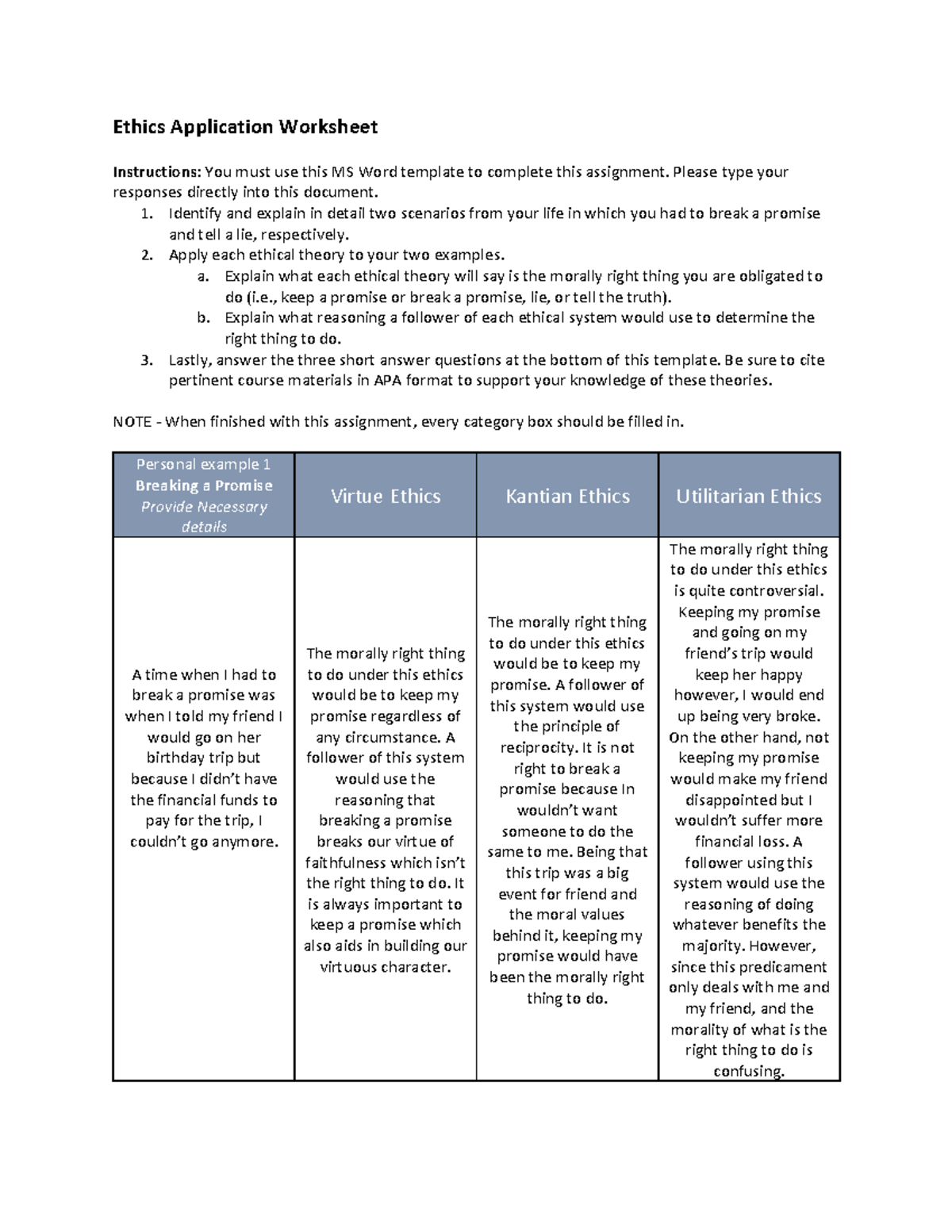 Ethics Application Worksheet - Ethics Application Worksheet ...