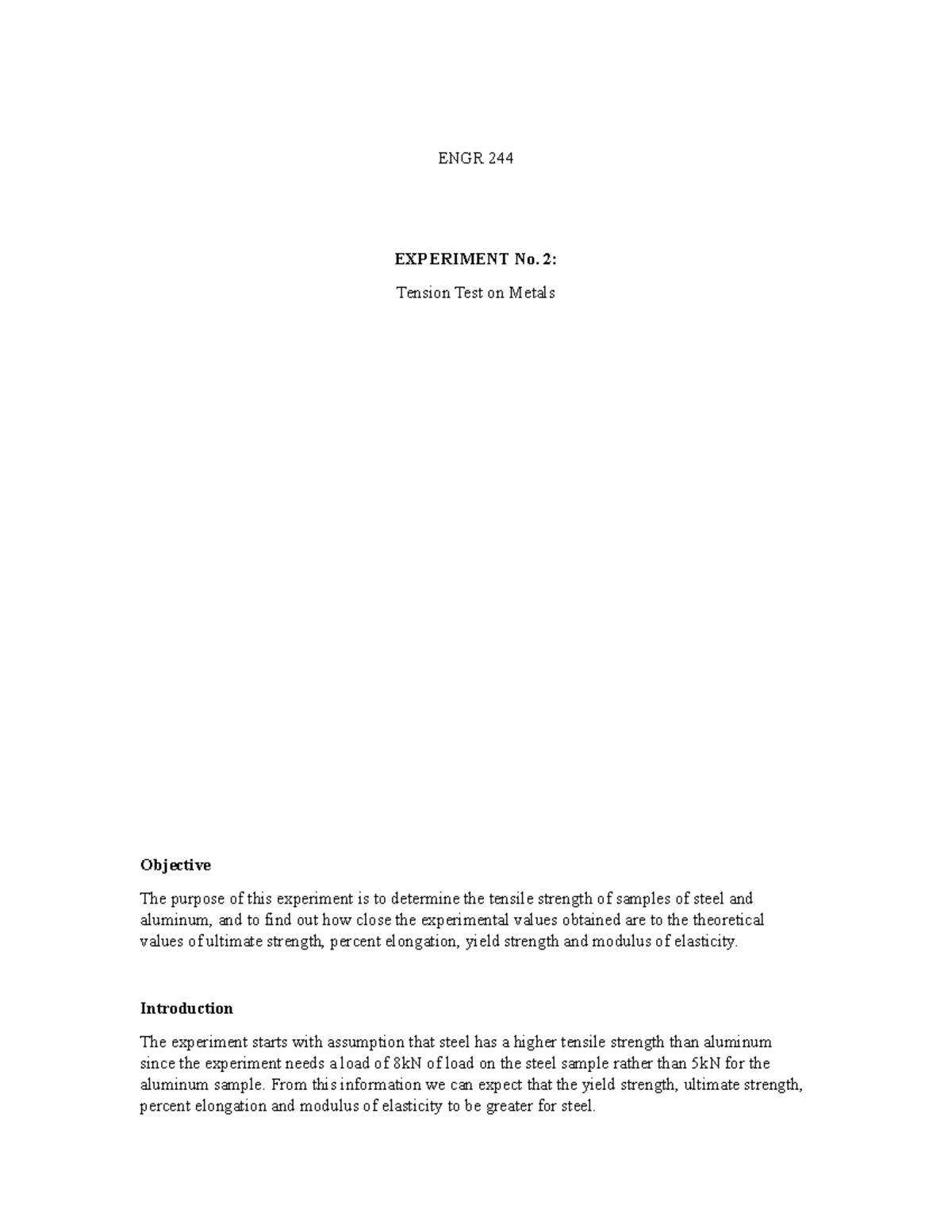 ENGR 244 Laboratory 2 - ENGR 244 EXPERIMENT No. 2: Tension Test on ...