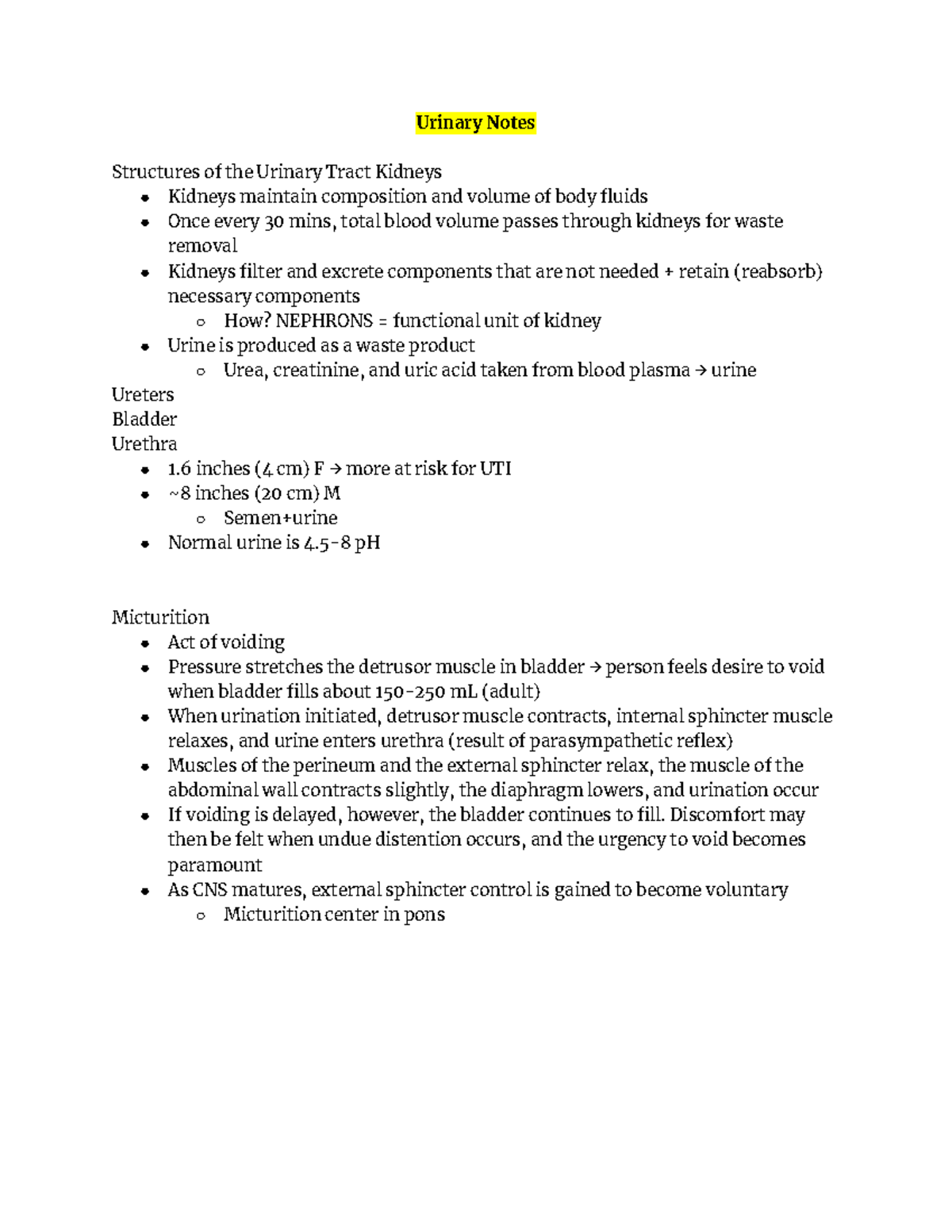 Urinary Notes - Urinary Notes Structures of the Urinary Tract Kidneys ...